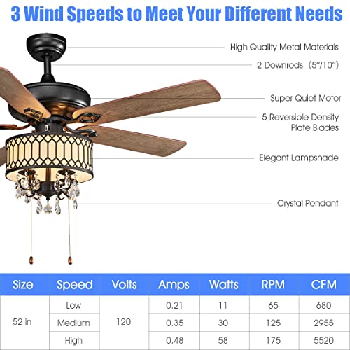 Tangkula 52" Crystal Ceiling Fan with Lights, Classical Crystal Ceiling Fan with Pull Chain Control, Elegant Modern Ceiling Fans with Chandeliers 5 Iron Reversible Blades, Mute Motor (Black)