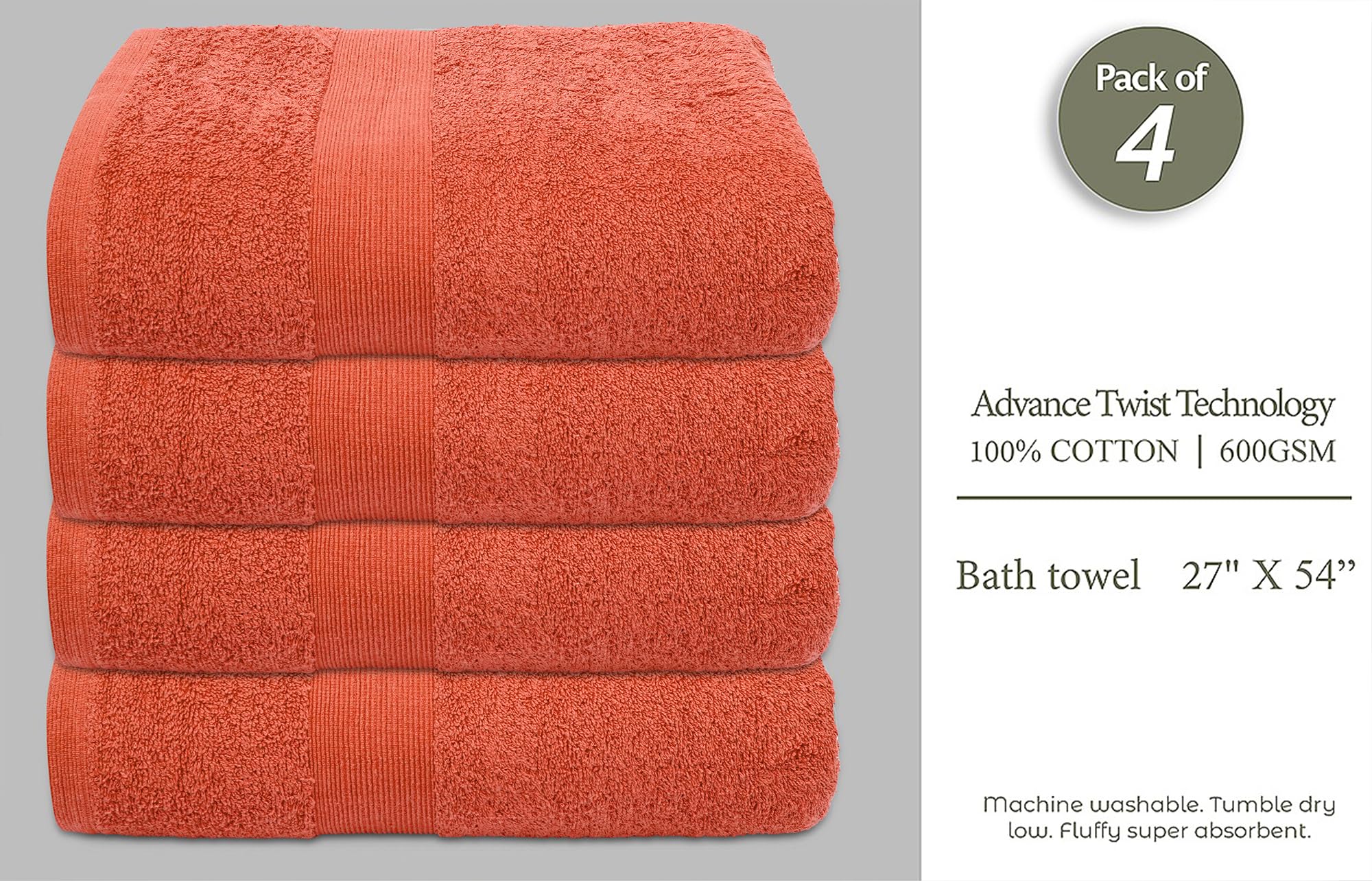 Softolle 100% Cotton Luxury Bath Towels -Towels for Bathroom - Set of 4 Bath Towel (27β x 54β)- Eco-Friendly, Super Soft, Highly Absorbent Bath Towel - Oeko-Tex Certified (Grey) (Coral)