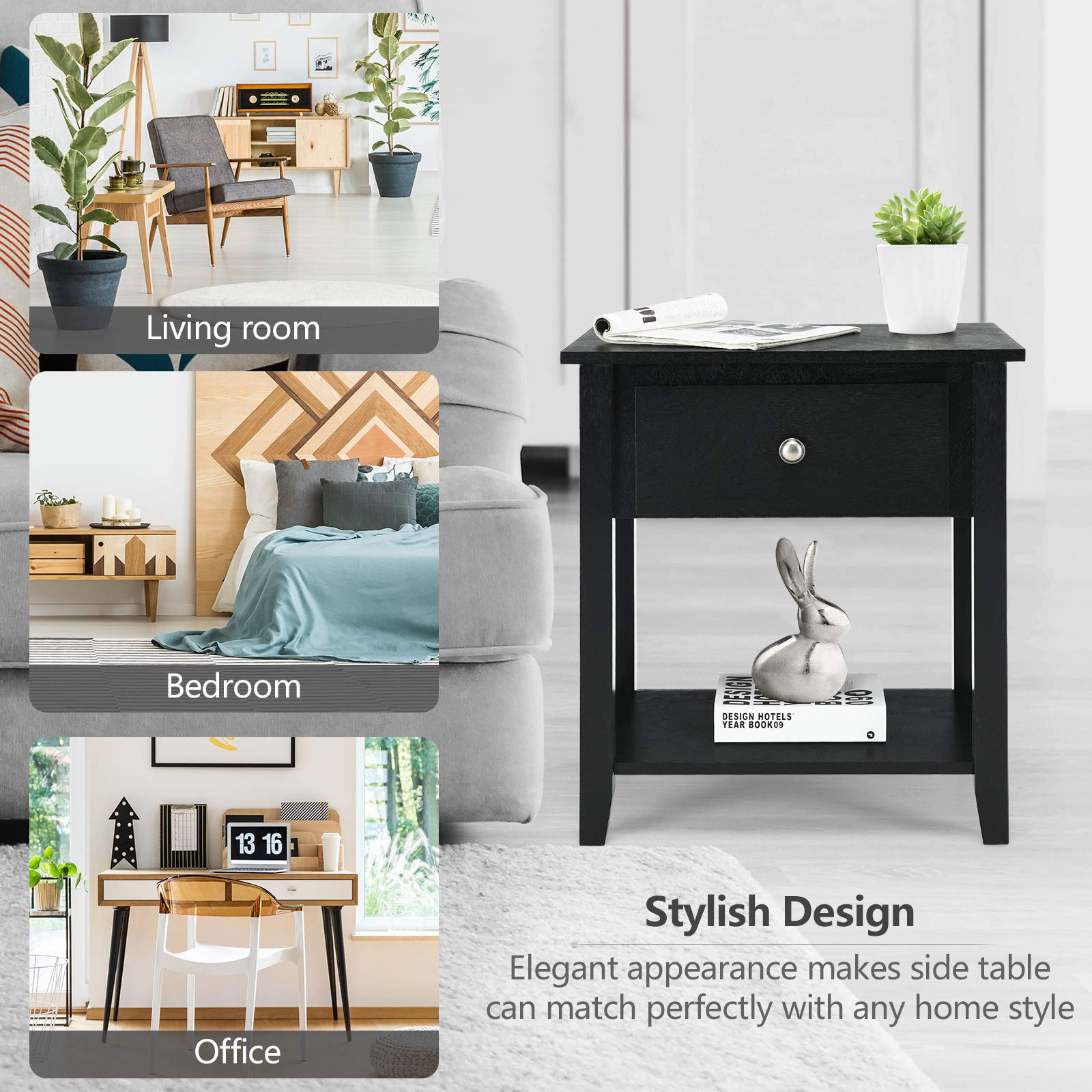 Tangkula End Table with Drawer, Nightstand w/Drawer and Storage Shelf, Beside Sofa Table for Home Bedroom Living Room, Chest Sofa Side Bedside Storage End Table, Accent Table with Open Shelf