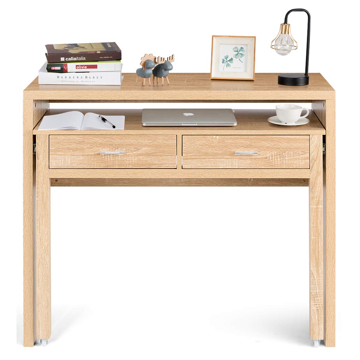 Tangkula Extendable Computer Desk with 2 Drawers, Small Writing Desk with Pull Out Secondary Desk, Console Table, Wood Study Workstation, Laptop Desk for Small Space Home & Office (Natural)