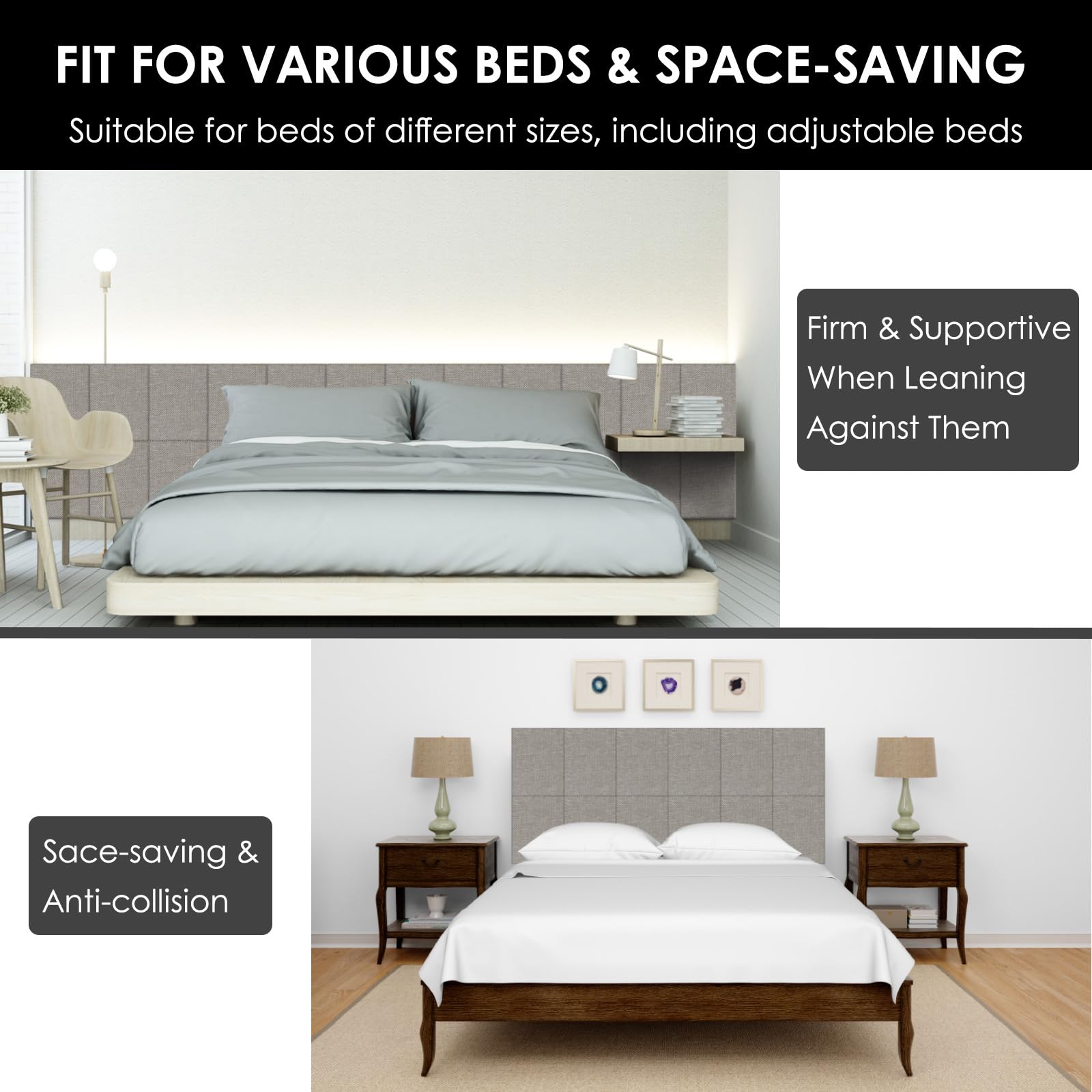 TroyStudio Linen Adjustable Bed Headboard, 16 x 12 x 0.4 Inches 6 Pcs Felt Upholstered Wall Mounted Panels, Padded Cushion Headboard for King, Queen, Fabric Dorm Headboard, Anti-Collision Padding