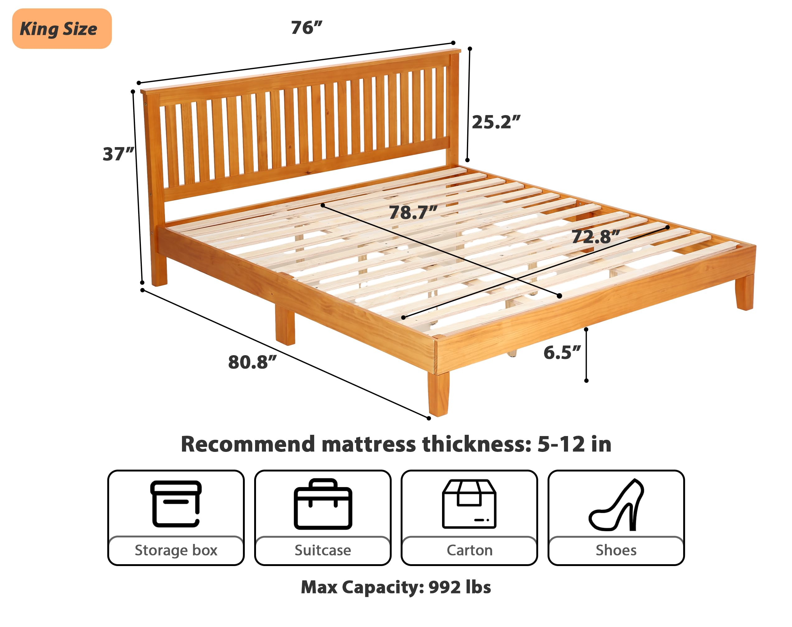 Wood Bed Frame, Wooden Bed Frame with 14 Strong Wooden Slats, King Headboard and Frame with Complete Headboard, Wood Platform Bed, No Box Spring Needed, King Bed Frame Wood with Solid Wood Foundation