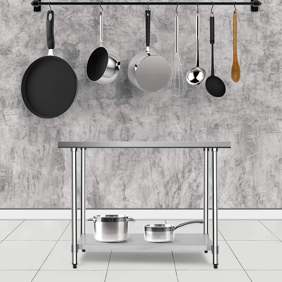 WATERJOY 48" x 30" Stainless Steel Table with Adjustable Shelf for Prep & Workstations Commercial Heavy Duty worktables