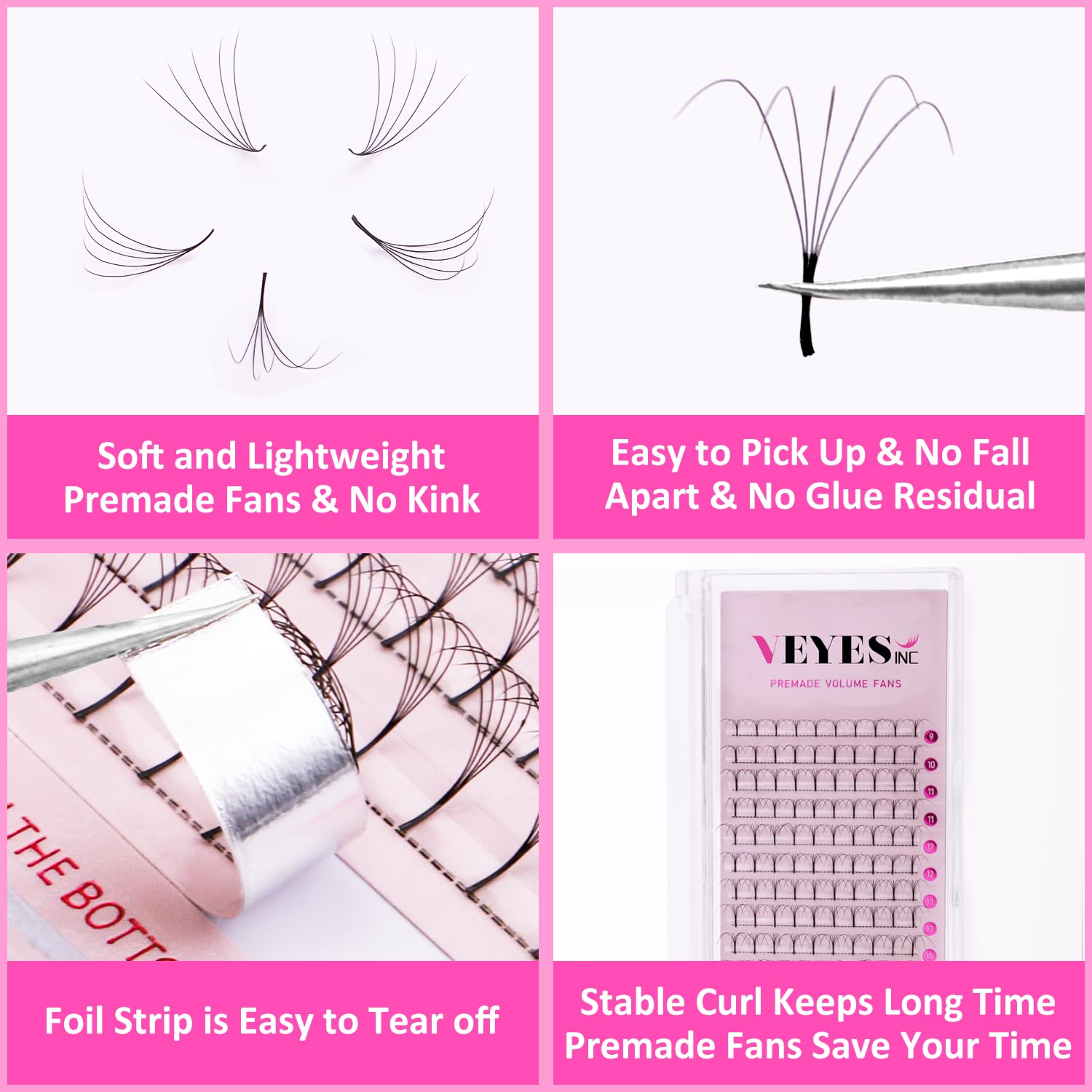 VEYES INC Lash Extension Supplies Premade Fans Eyelash Extensions Mixed Tray 7D 0.07 D curl 9-16mm Short Stem Volume Lashes Matte Black 320FANS