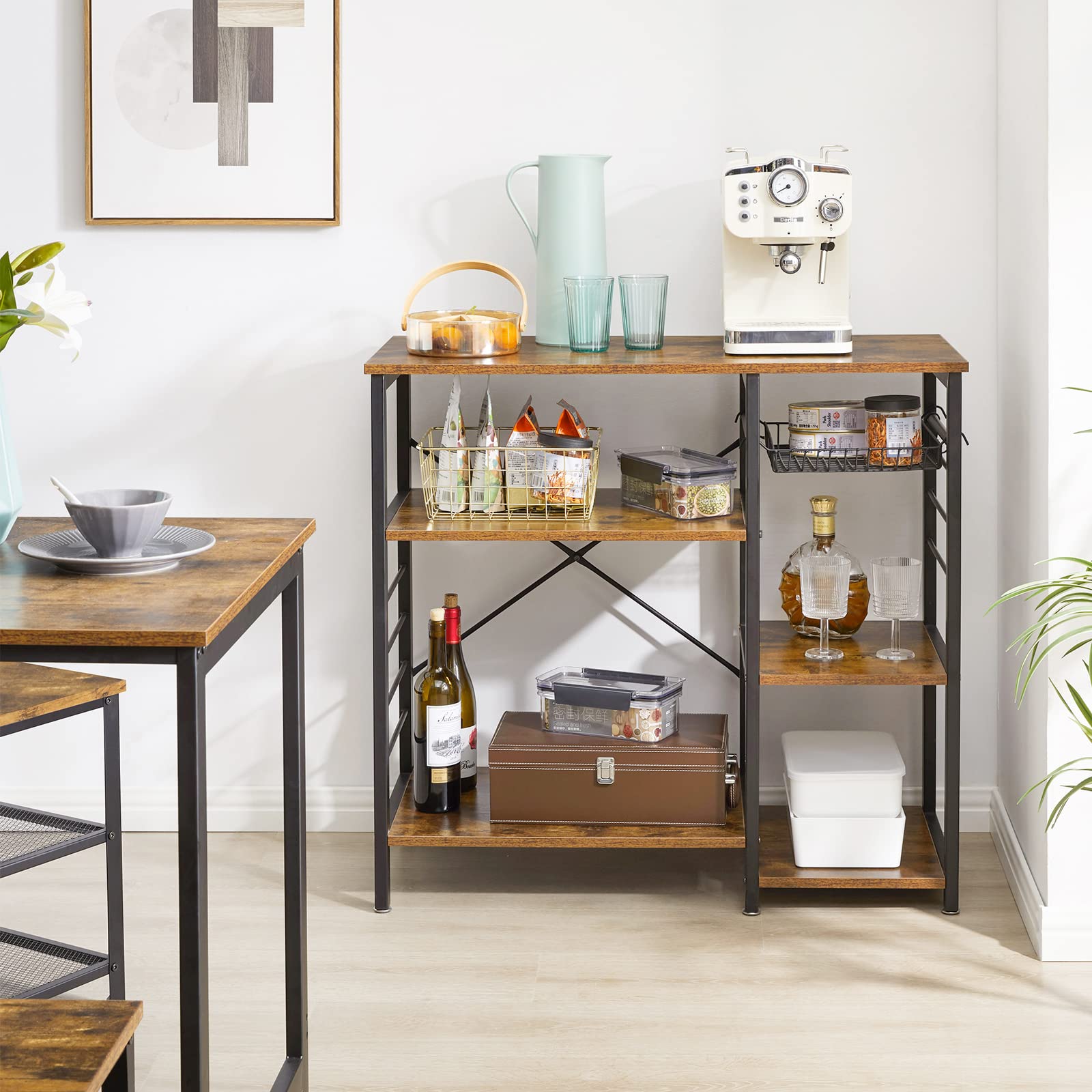 YMYNY Baker’s Rack, Coffee Bar Table Station, Microwave Oven Stand, Multifunctional Kitchen Organizer Workstation, Utility Storage Shelf Rack with 6 S-Hooks, Rustic Brown, 35.4*33.1*15.75 " UHTMJ021H