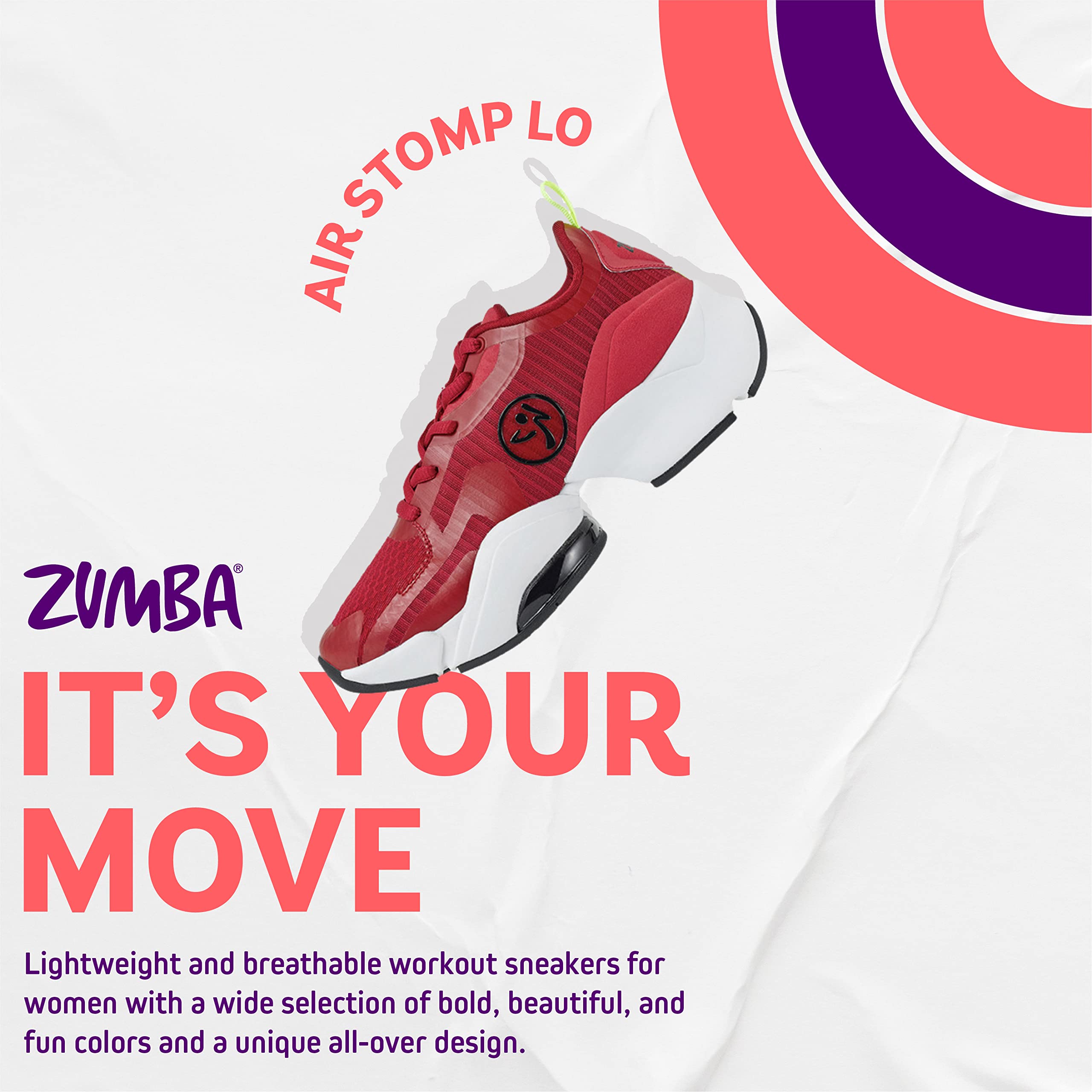 ZUMBA Workout Sneakers, Cute Non-Slip Shoes for Women Classic Air Stomp, Red, 8.5