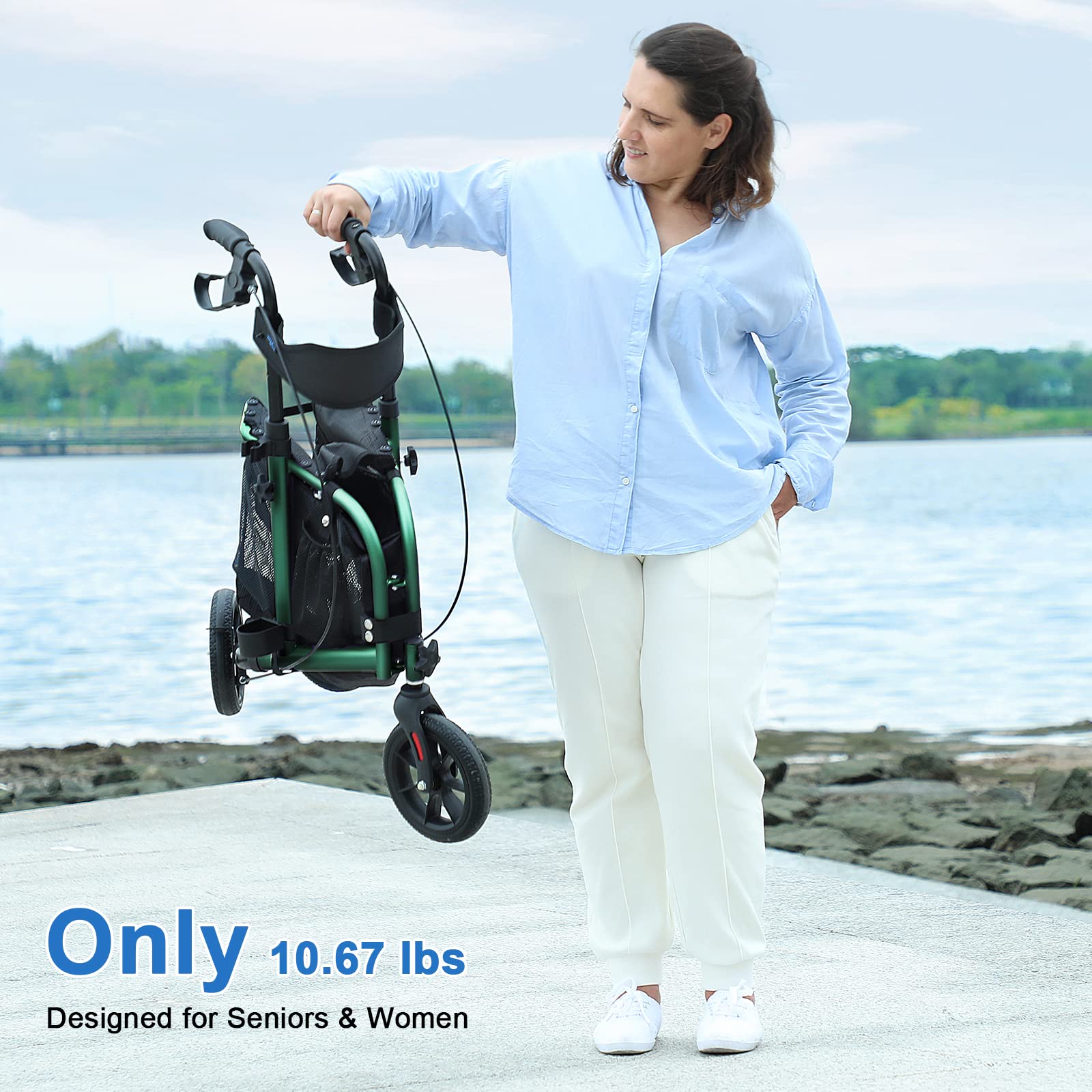 WALK MATE 3 Wheel Rollator Walker with Seat for Slim Seniors, Padded Backrest Lightweight Foldable Walker Ideal for Elderly, 8 Inch Tri-Wheel Modern Mobility Walking Aid Aluminum, Green