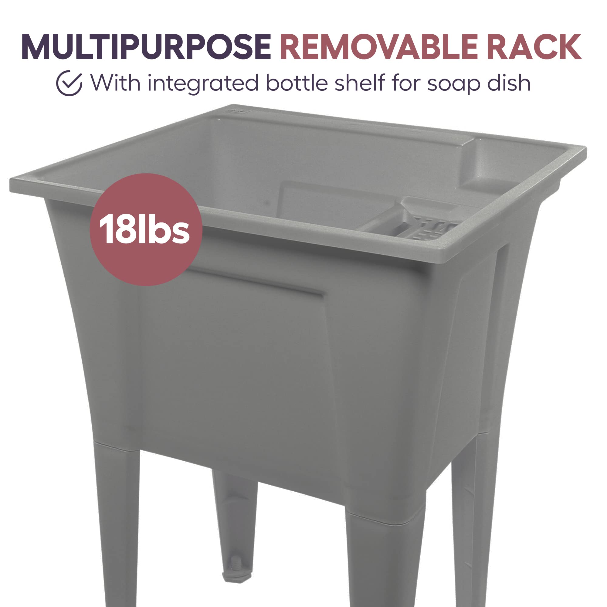 Utility Sink with One-Handle Matte Black Plastic Faucet – Polypropylene Laundry Sink, Grey Garage Sink, Indoor & Outdoor Use – Complete Sink Set by Noah William Home (24” X 22” X 34” 19.5 Gallons)