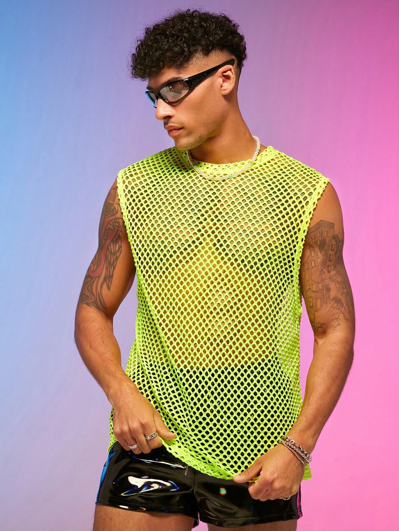 WDIRARA Men's Fishnet Mesh See Through Tank Top Sheer Sleeveless Round Neck Casual Tops Yellow M