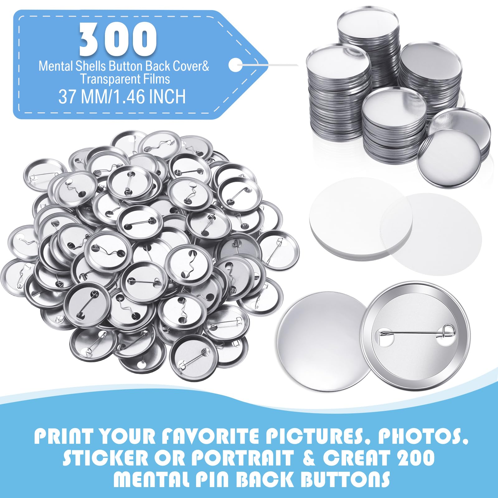 Wavyknot 300 Set Blank Button Making Supplies Metal Badge Button Parts Silver Round Button Making Kit DIY Blank Button Pins for Button Maker Machine Includes Metal Shells Back Cover Clear Film (37 mm)