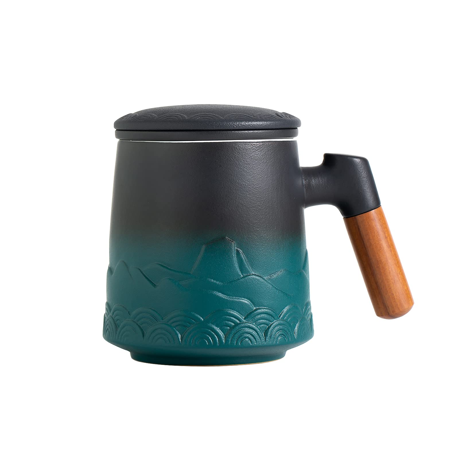 ZENS Tea Cup with Infuser and Lid, Wood Handle Loose Leaf Tea Steeper Mug, 16.9 Ounces Gradient Embossed Large Ceramic Tea Stainer Mug for Gifts, Black & Green