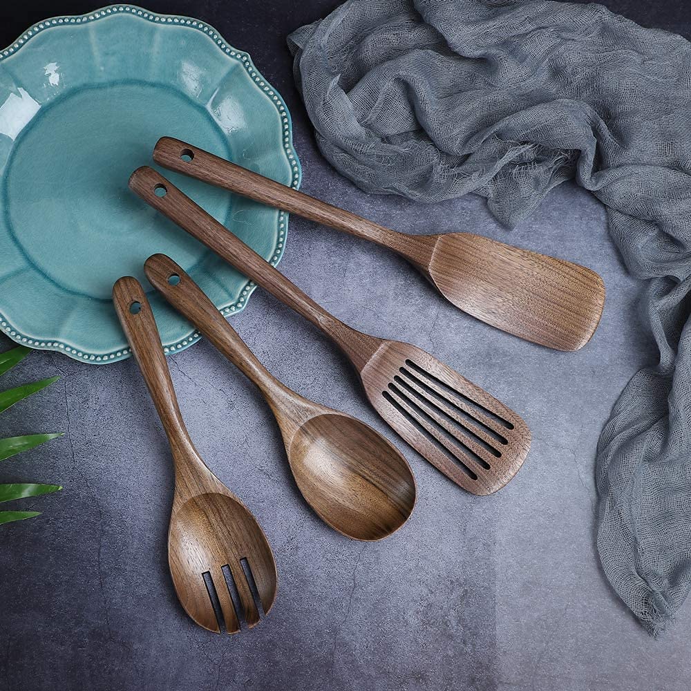 Wooden Spoons Spatula for Cooking,Walnut Wooden Kitchen Cooking Utensil Set 4 Pcs Cookware Household Shovel Spoon Fork Cooking Set Handmade Kitchen Tableware