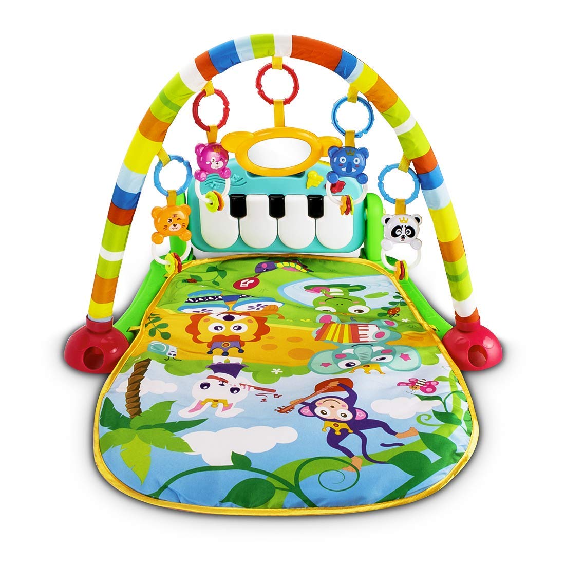 UNIH Baby Activity Gym Rack Piano Fitness Playmat & Pull-Back Vehicle Soft Toys with Play Mat
