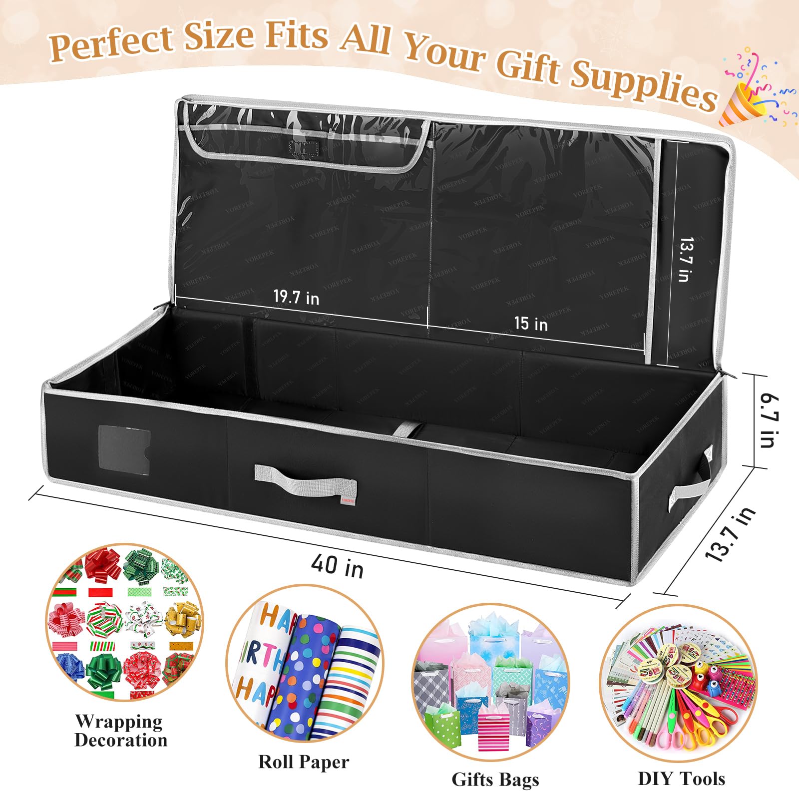 YOREPEK Wrapping Paper Storage Containers with 2 Interior Pocket, 600D Durable Gift Wrap Organizer Storage Box Fits 27 Rolls of 40",Tearproof Christmas Wrap Storage for Bows,Ribbon,Holiday Accessories