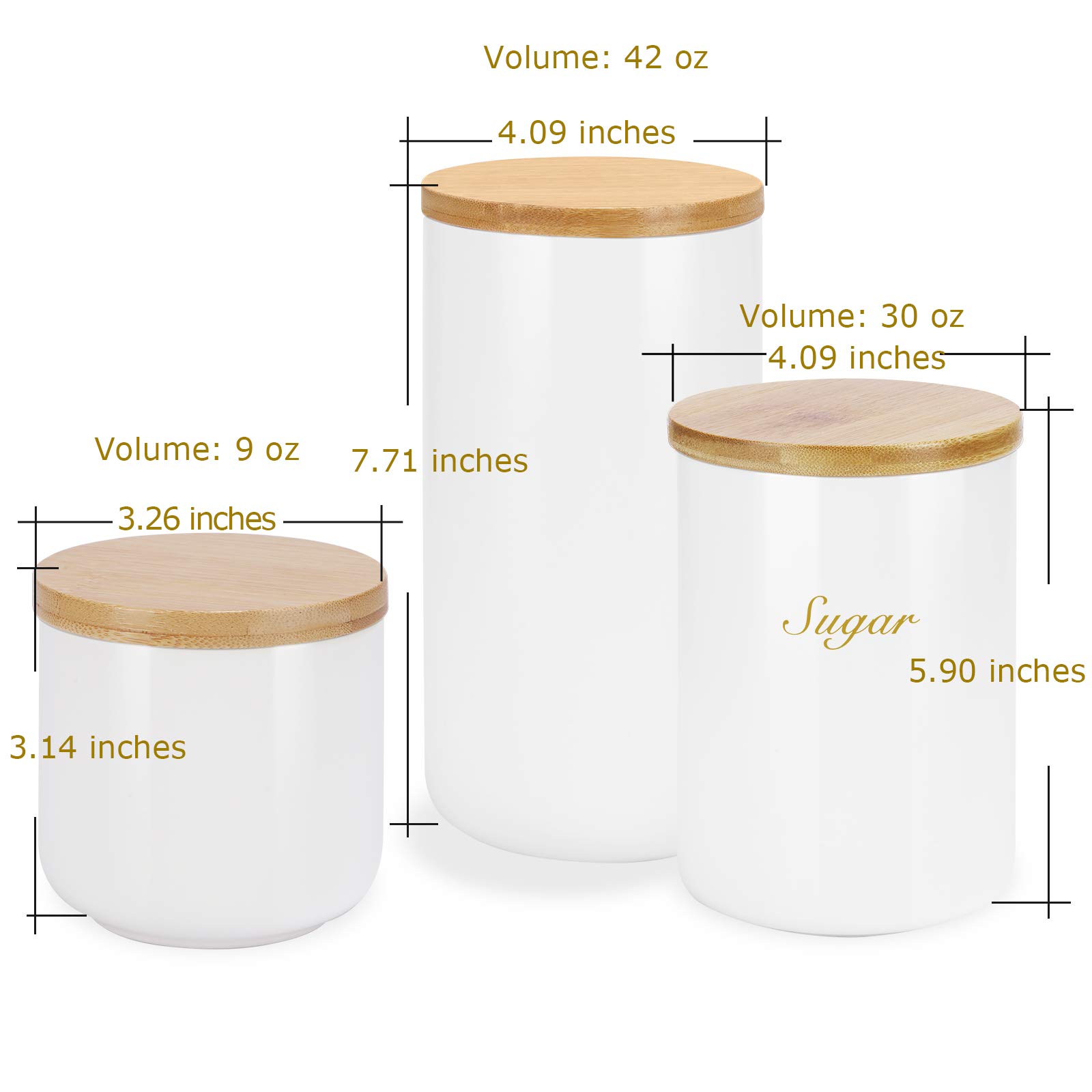 Yangbaga Canisters Sets for Kitchen-Set of 3 Kitchen Canisters for Countertop with Airtight Bamboo Lids/Spoons/Stickers, Ceramic Food Storage Containers for Large Flour,Suger,Coffee (42/30/9OZ)