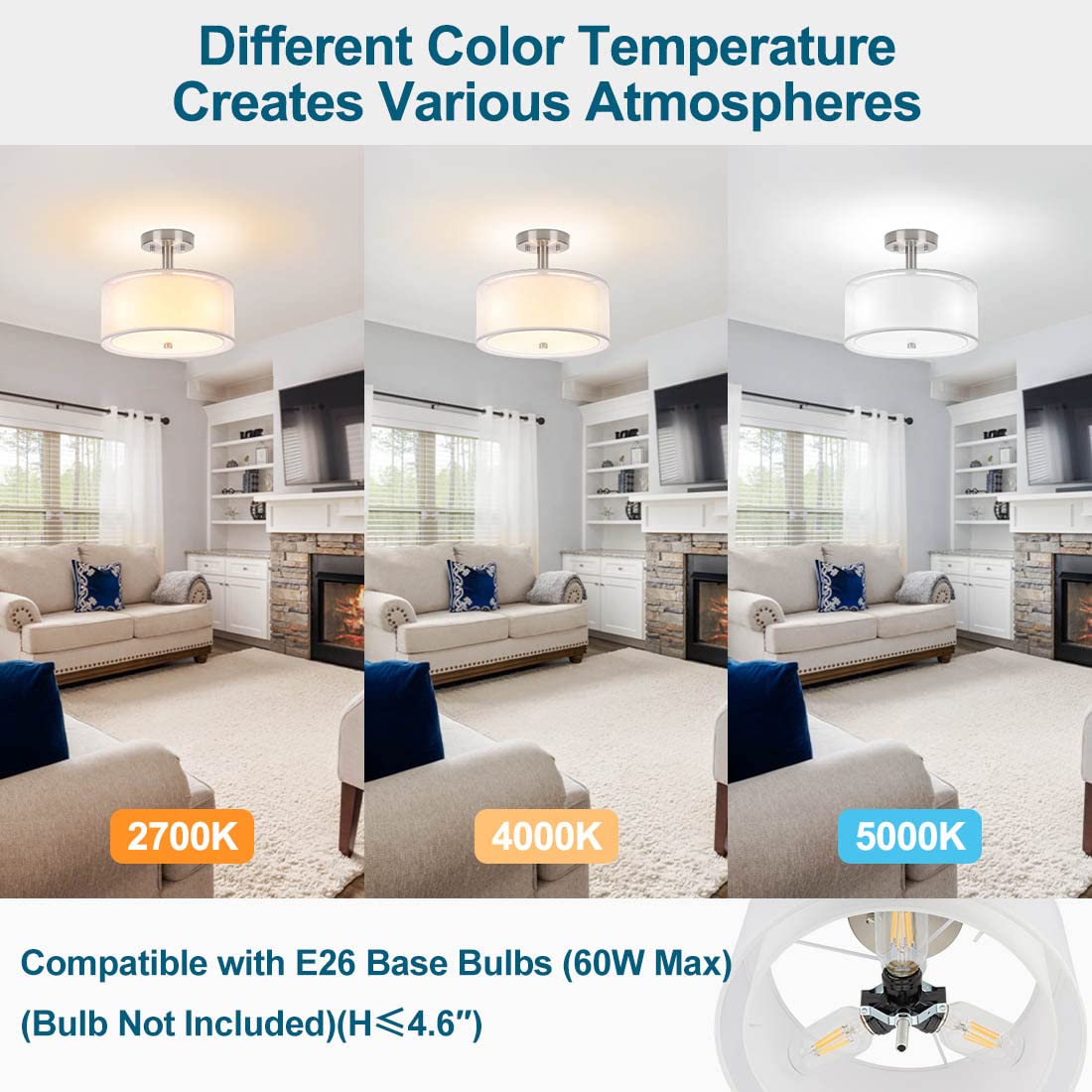 Xbuyee 3-Light Semi Flush Mount Ceiling Light Fixture, 12" Drum Light Fixture with Double Fabric Shade, Modern Close to Ceiling Lamps for Bedroom, Living Room, Dining Room, Kitchen, Hallway