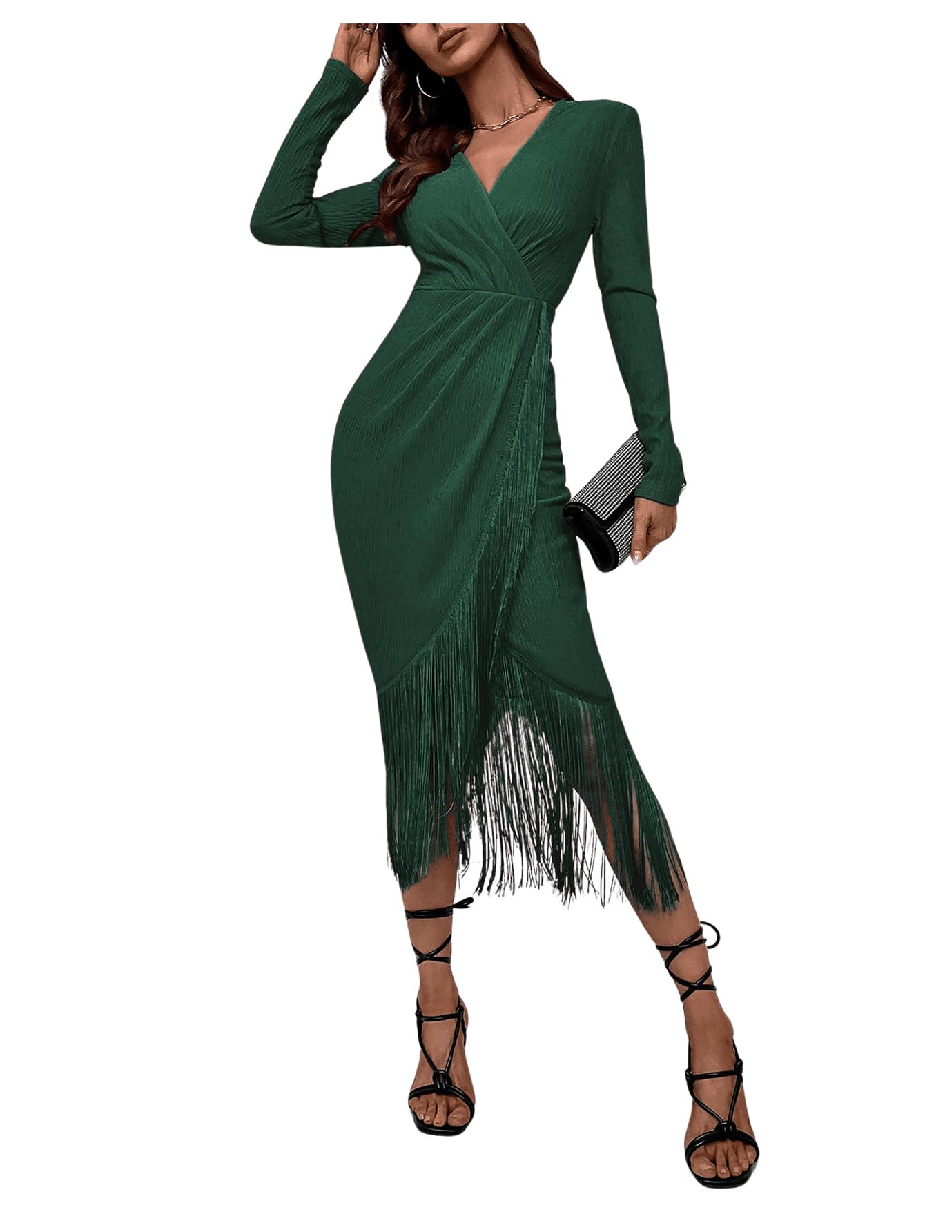 WDIRARA Women's Fringe Wrap Ruched V Neck Long Sleeve Solid Bodycon Party Maxi Dress Dark Green XL