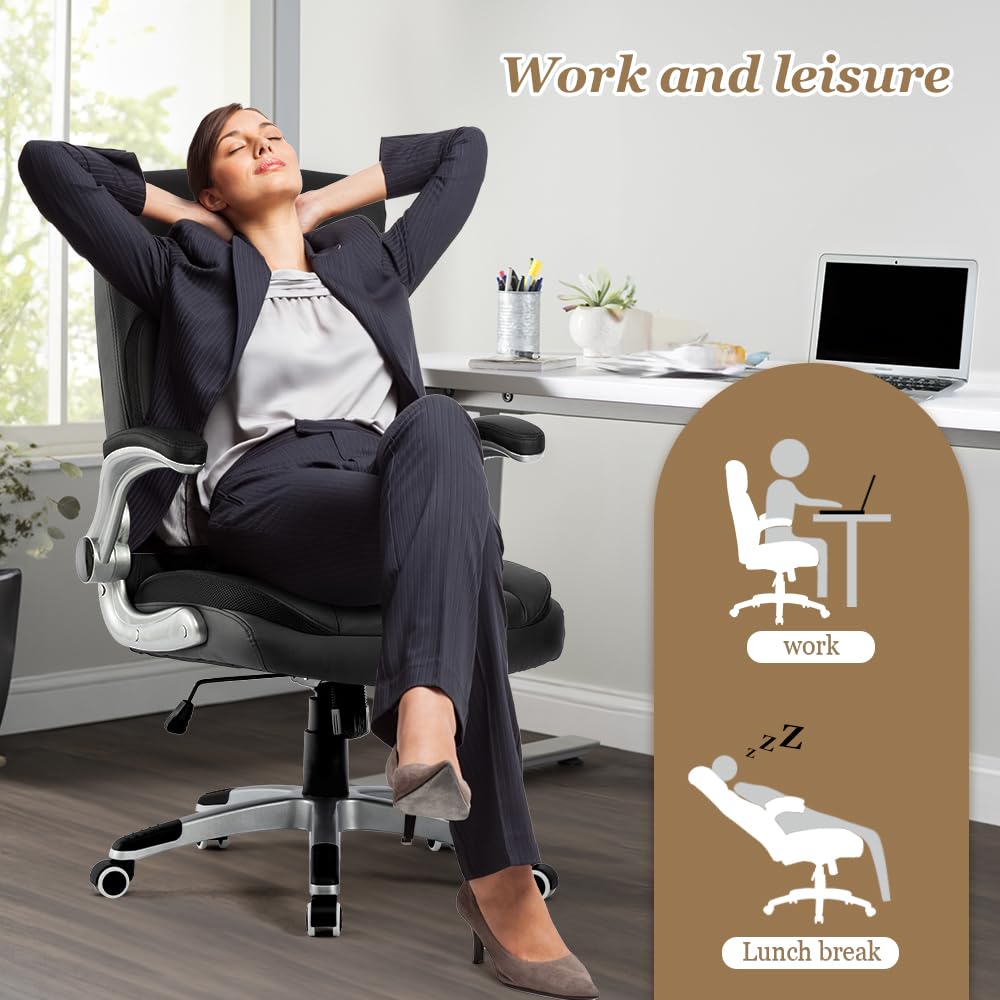 Savourseat Big and Tall Office Chair Heavy Duty Executive Desk Chair with Flip-up Armrests, High Back, Wide Seat, Thick Padded, Strong Nylon Base, Smooth Wheels Ergonomic Office Chairs