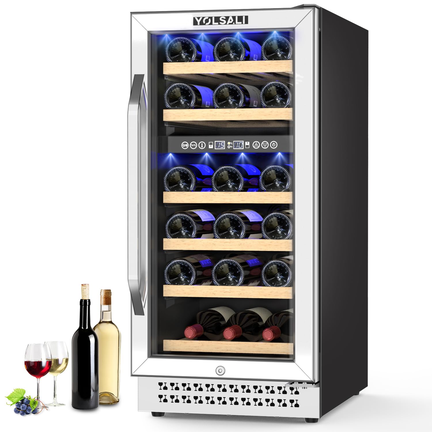 Yolsali 24 Inch Wine Cooler, Beverage Refrigerator, Dual Zone Wine Cooler Refrigerator with 2 Safety Locks, Adjustable Legs, Soft LED Light, Hold 20 Bottles and 57 Cans, Built-In or Freestanding