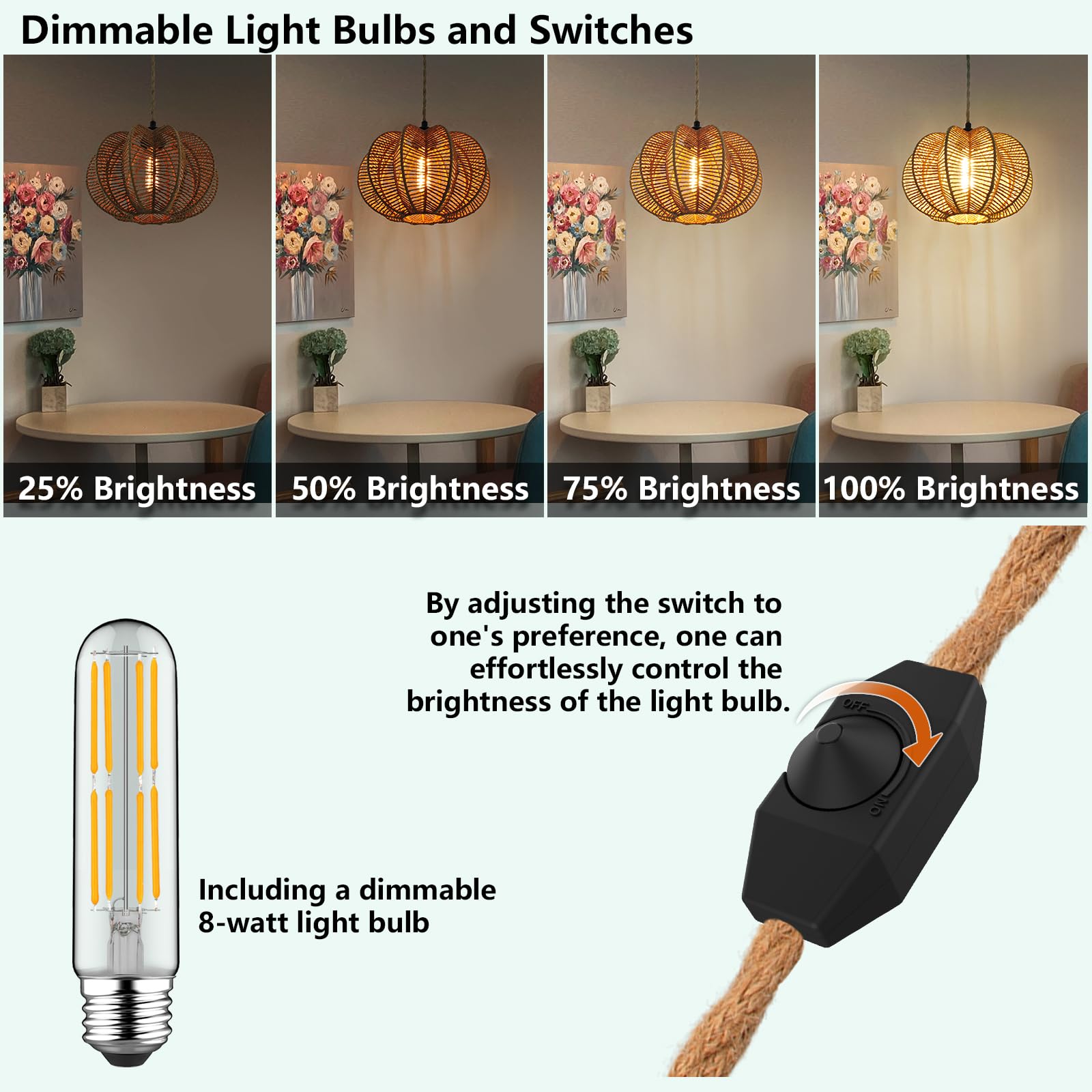 tebio Plug in Pendant Light Rattan Hanging Lights with Plug in Cord 15FT Hemp Rope Cord, Dimmable Switch – Indoor hanging lamps for Boho Living Room Bedroom(Bulb Included) 11 x 7 inch