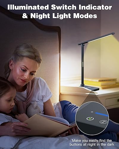 VICOODA LED Desk Lamp, Desk Lamp with Wireless Charger, USB Charging Port, Eye-Caring Table Lamp, 5 Color Modes & 7-Level Brightness, Touch Desk Light with Timer, Desk Lamps for Home Offic (Black)