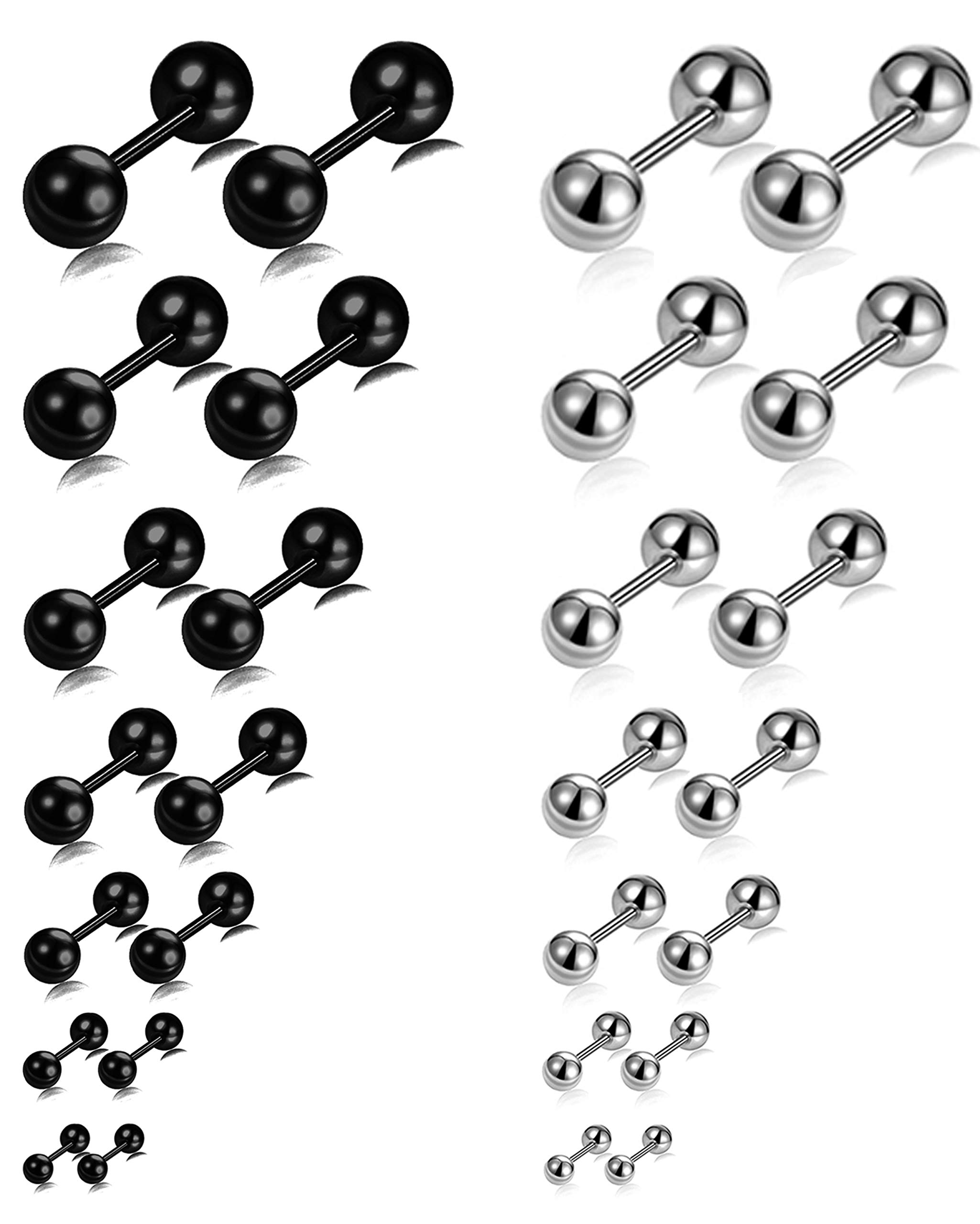 Tornito 14 Pairs Stainless Steel Ball Stud Earrings Barbell Cartilage Tragus Helix Ear Piercing For Men Women 2-8mm Silver Black