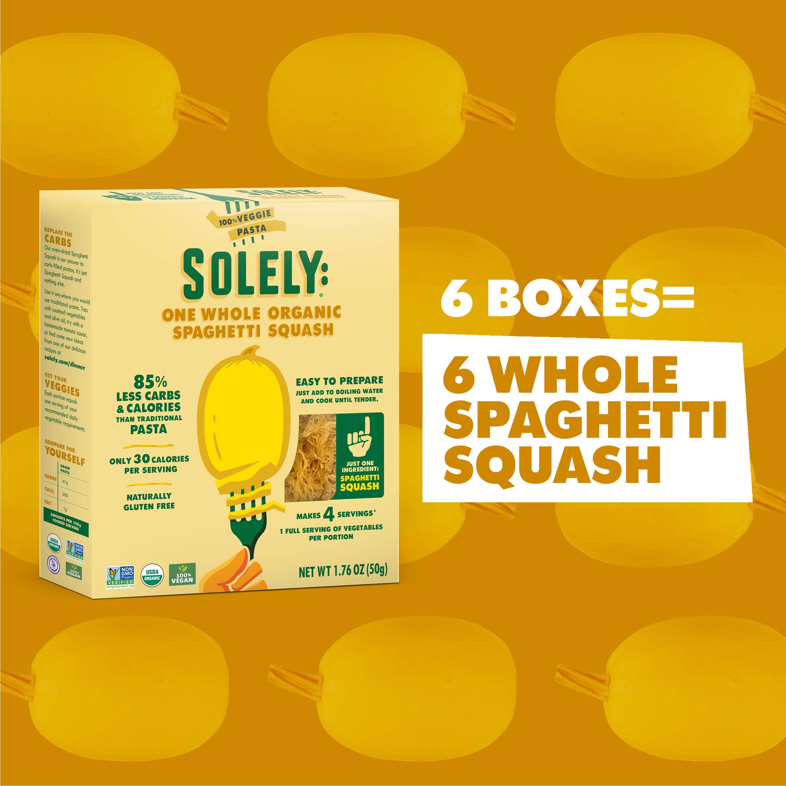 SOLELY Organic Dried Spaghetti Squash, 1.76 oz, Pack of 6 – Real Fresh Ingredients, Organic Pasta, Non-GMO, Vegan, Low Carb & Keto Friendly, Quick & Easy to Prepare, Vegetable Pasta