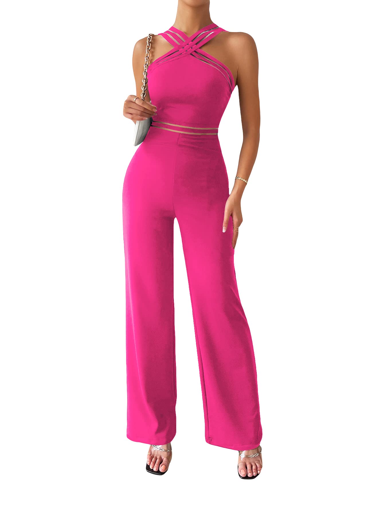 WDIRARA Women's Sleeveless Halter Tied Backless High Waist Belted Wide Leg Pants Elegant Jumpsuit Rompers Plain Hot Pink L
