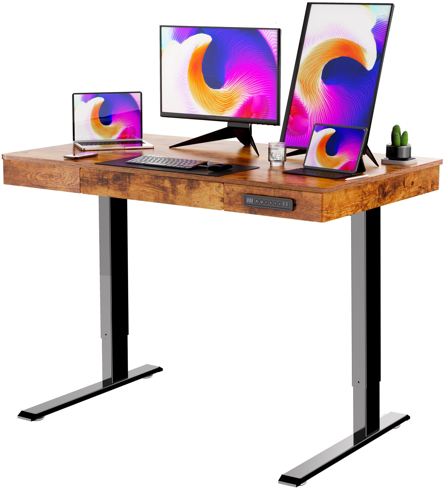 sitteeze Electric Standing Desk Adjustable Height with Drawer,48 x 24 Inches Sit Stand Up Desk Whole-Piece Desktop, Memory Computer Home Office Desk (Rustic Brown)