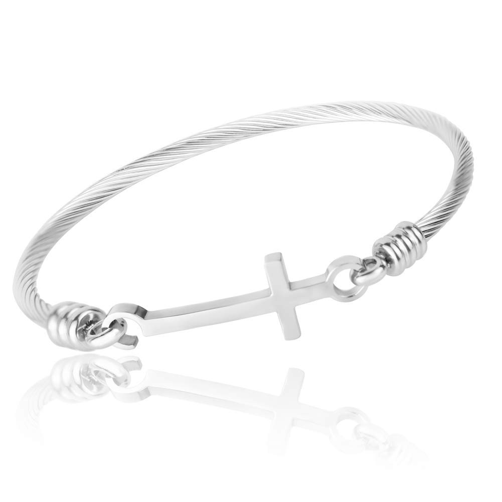 WDSHOW Sideways Cross Bracelet Cuff Bangle Stainless Steel Silver-Tone