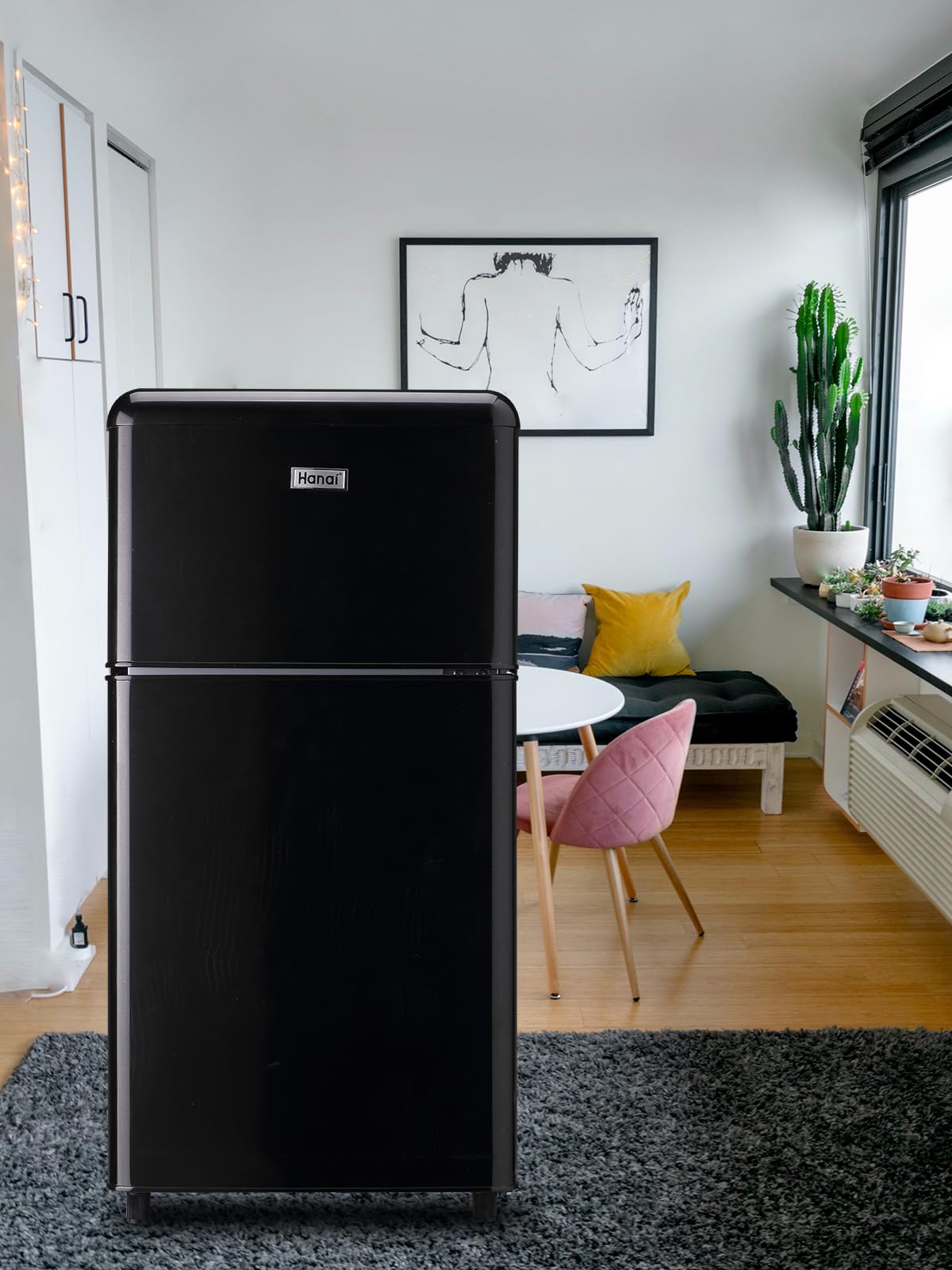 WANAI Compact Refrigerator 3.5 Cu.Ft Retro Black Fridge With Freezer 2 Door Mini Refrigerator with 7 TEMP Modes, LED Lights, Removable Shelves, Ideal for Apartment Dorm and Office, Black