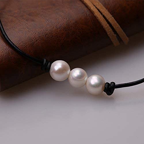Women White 3 Cultured Freshwater Pearls Choker Necklace on Genuine Leather Cord Knotted Jewelry-Black 14"