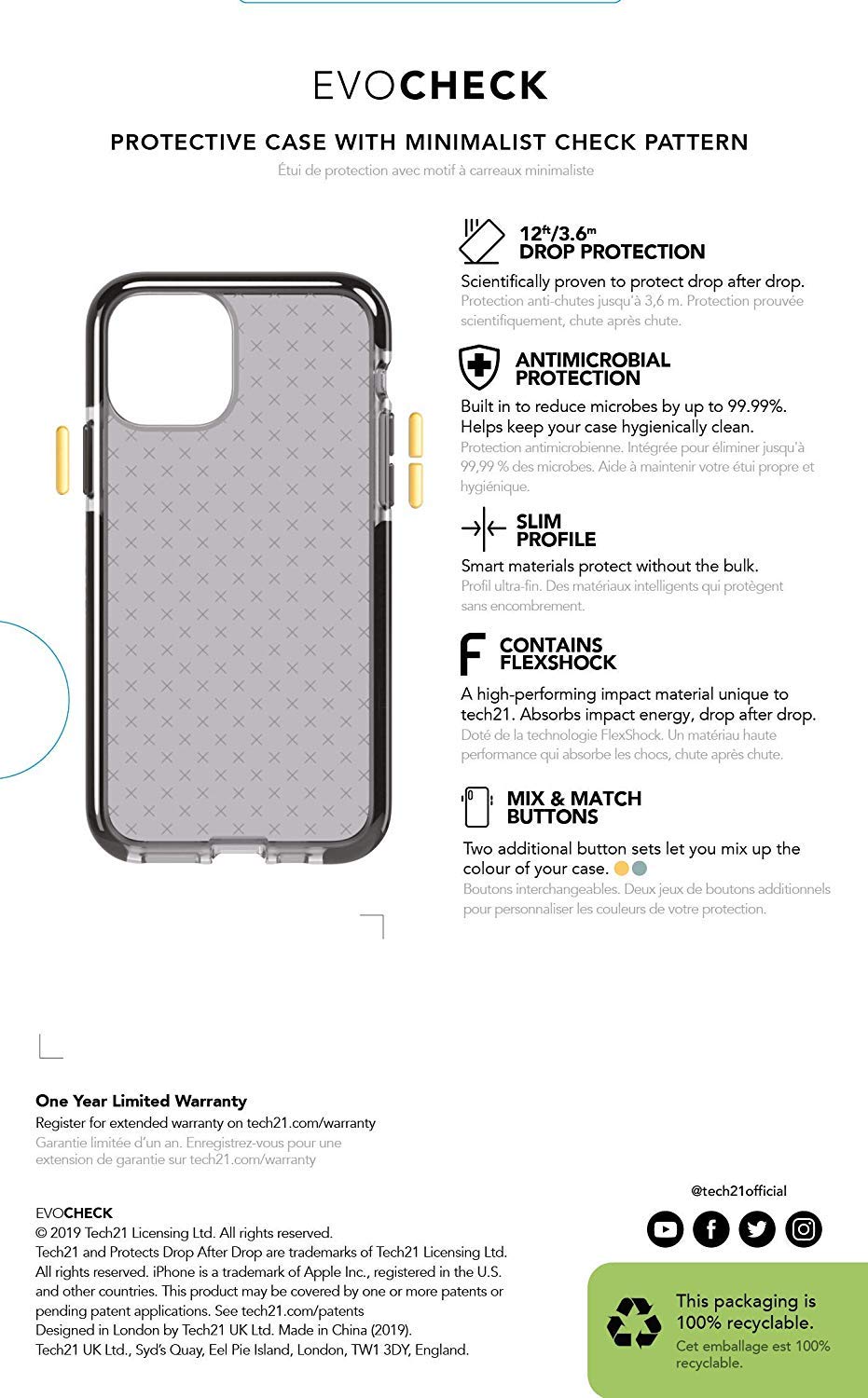 Tech21 Evo Check Series Gel Case for Apple iPhone 11 Pro Max - Smokey Black