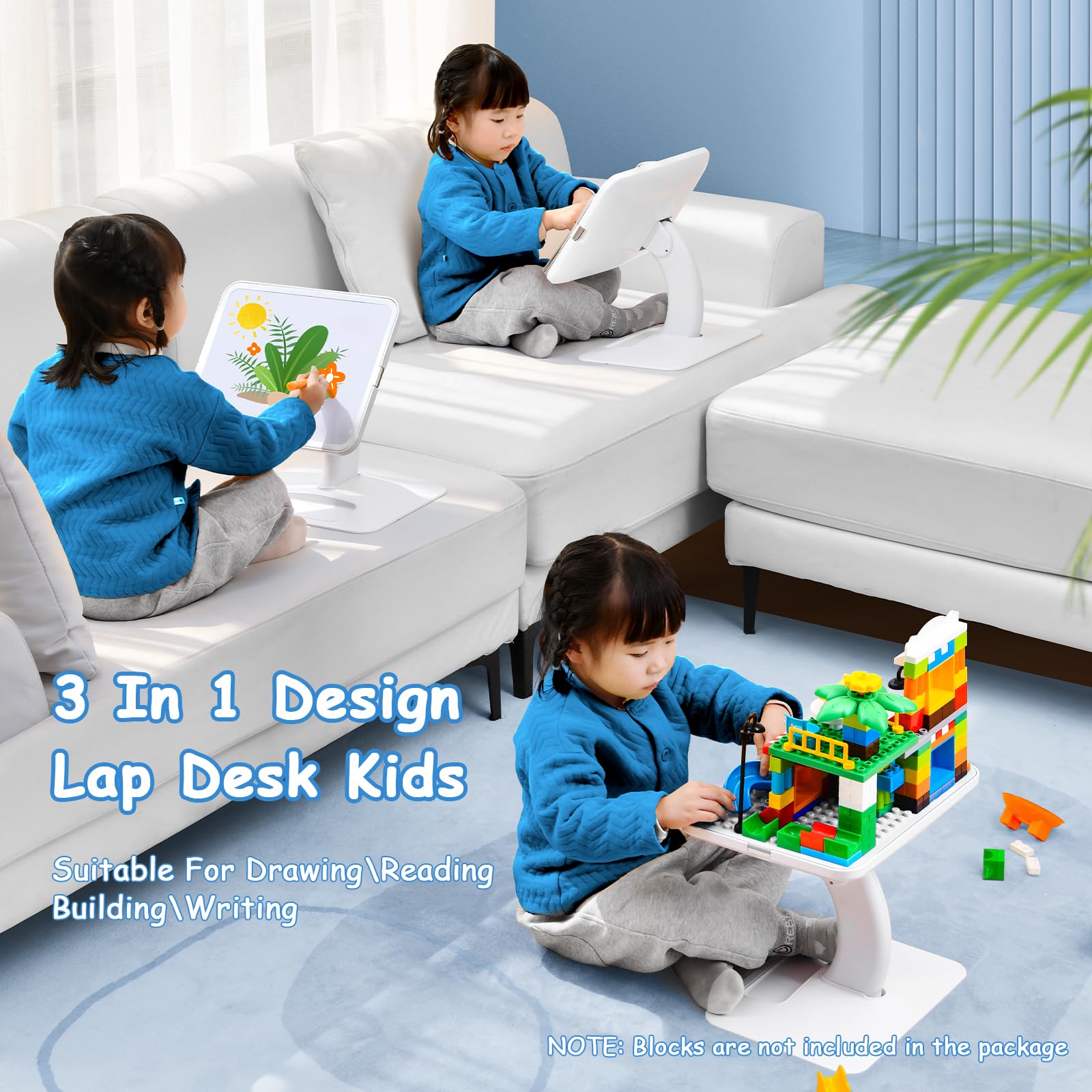 scenein Kids Lap Desk - Book Holder Stand for Work, Study, Gaming, Arts, Crafts - Dry Erase White Board, Laptop Lap Desk for Car Bed Floor, Adjustable Angle, White