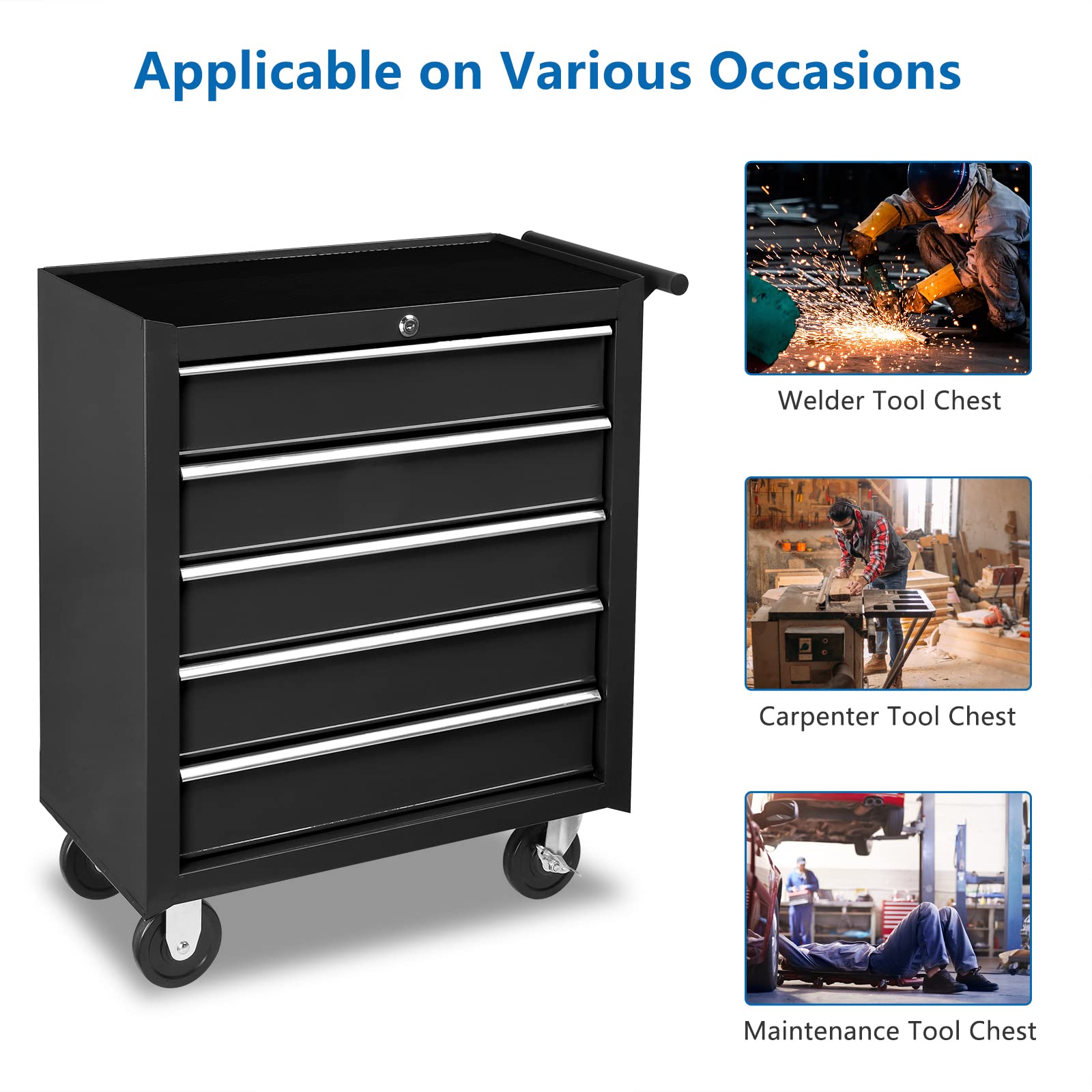 TUFFIOM 5-Drawer Rolling Tool Chest w/Lock & Key, Tool Storage Cabinet with Wheels, Top Cushion & Drawer Liners, Tool Organizer Box for Garage, Warehouse & Repair Shop, Black