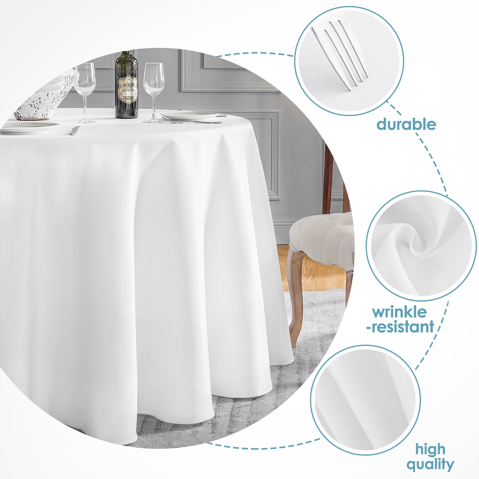 VidaFete 120inch Round Tablecloth Polyester Table Cloth,Stain Resistant and Wrinkle Polyester Dining Table Cover for Kitchen Dinning Party Wedding Rectangular Tabletop Buffet Decoration(White)