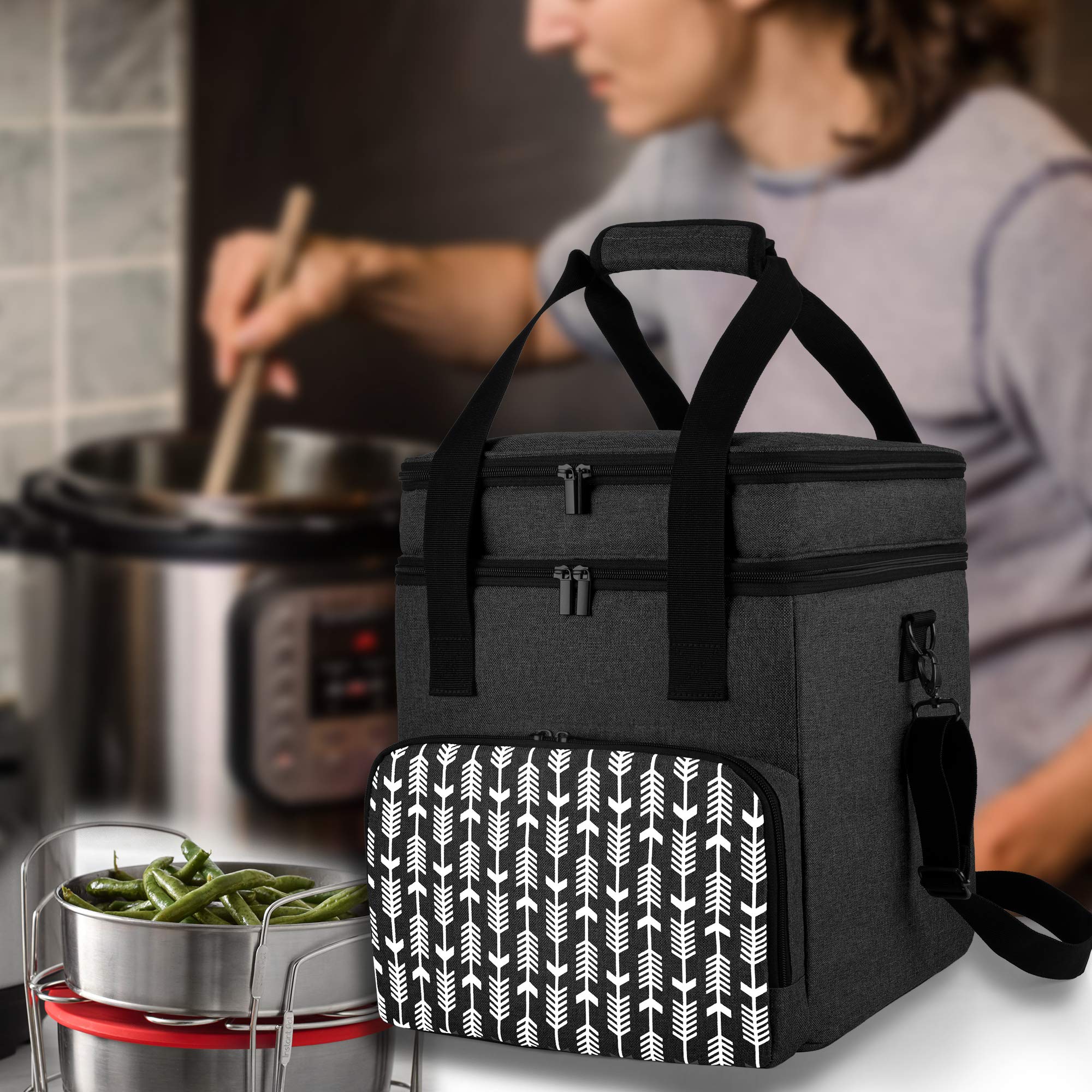 Yarwo Carrying Bag Compatible with Instant Pot 6 Quart, Pressure Cooker Travel Tote Bag with Pockets for Kitchen Accessories, Black with Arrow (PATENTED DESIGN)