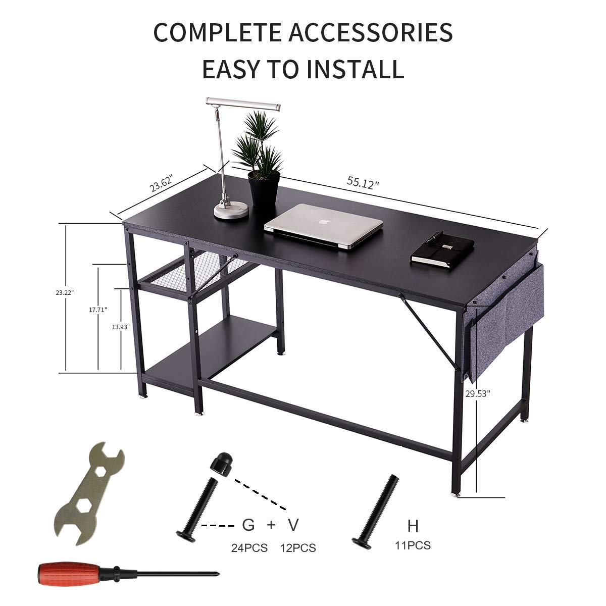 V-AIDMENG 55'' Home Office Desks, Computer Desks, Study Writing Desks with Storage Shelf, Hook and Storage Bag, Multi-Function PC Desk, Gaming Table, Work Tables for Desktop and Laptop. Black MDF