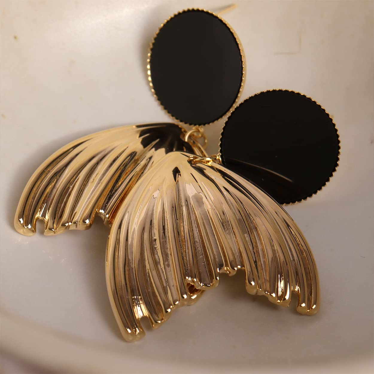 Sonateomber Gold Mermaid Fishtail Drop Dangle Statement Earrings For Women Big Black Dome Fish Tail Ginkgo Leaf Dangly Summer Ocean Beach Prom Jewelry Gift