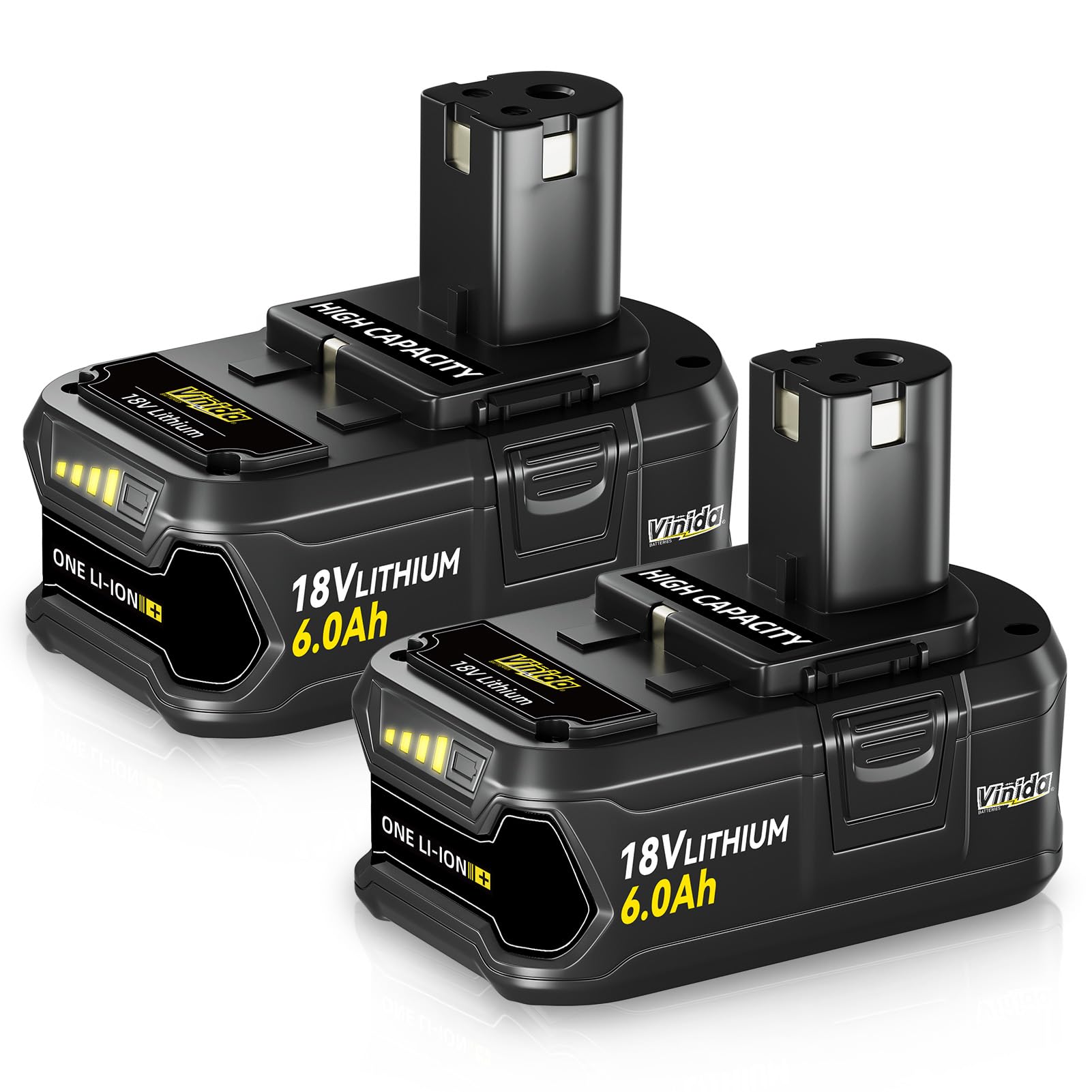 VINIDA 2Pack 6.0Ah 18V P108 Battery Replacement for Ryobi 18V Battery Lithium Compatible with Ryobi Battery P102 P104 P109 Cordless Power Tools