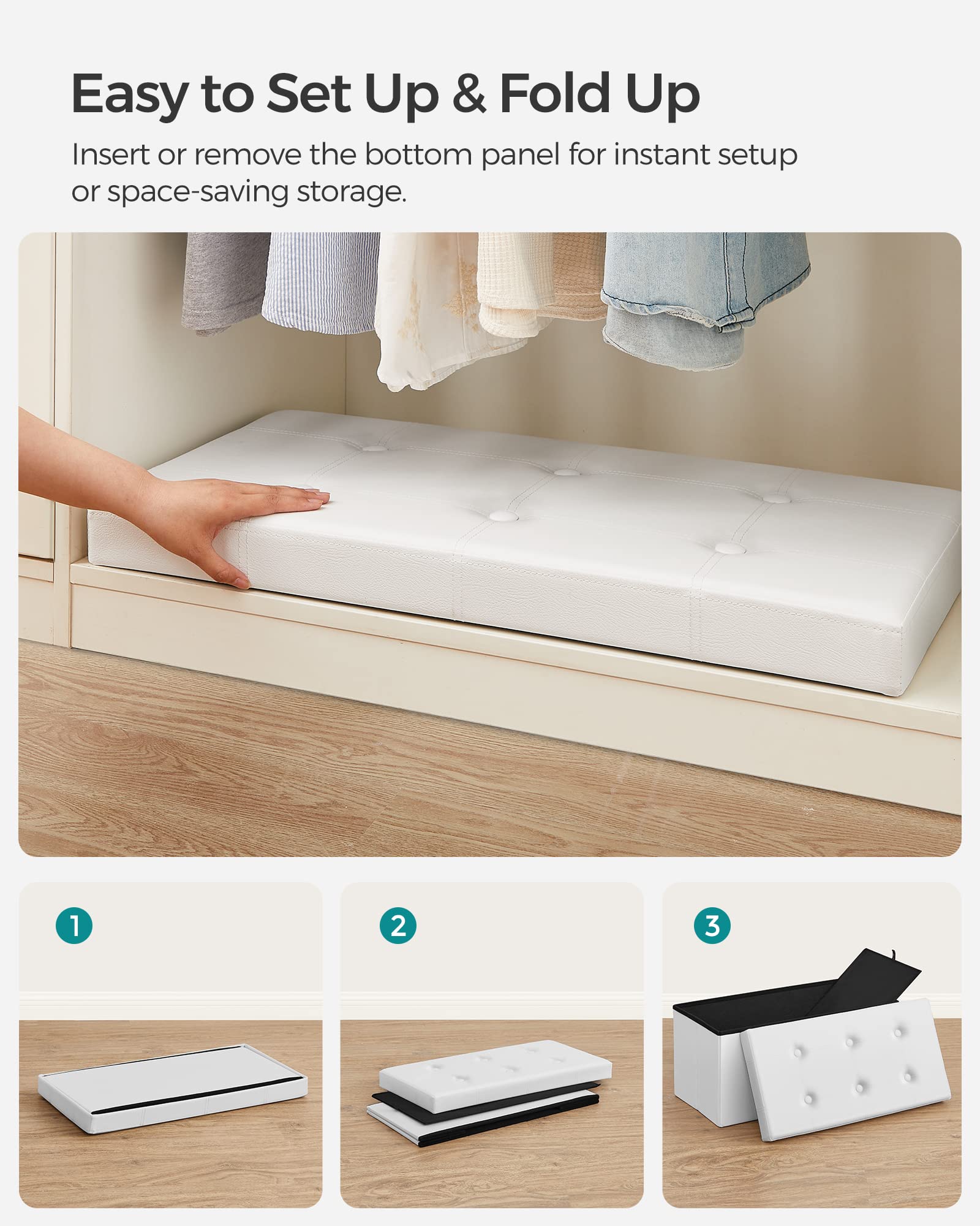 SONGMICS 30 Inches Folding Storage Ottoman Bench, Storage Chest, Footrest, Coffee Table, Padded Seat, Faux Leather, Holds up to 660 lb, White ULSF106