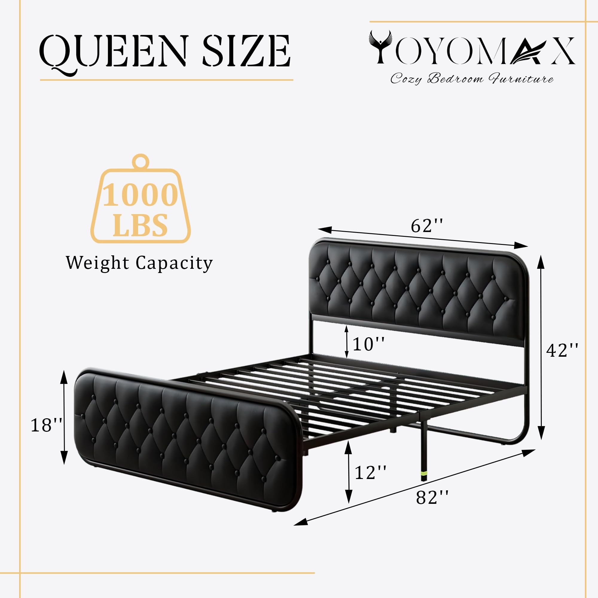 yoyomax Queen Size Bed Frame - Sturdy and Heavy Duty Bed Frame with Stylish Faux Leather Headboard, Noise-Free for Comfort and Support (Black)
