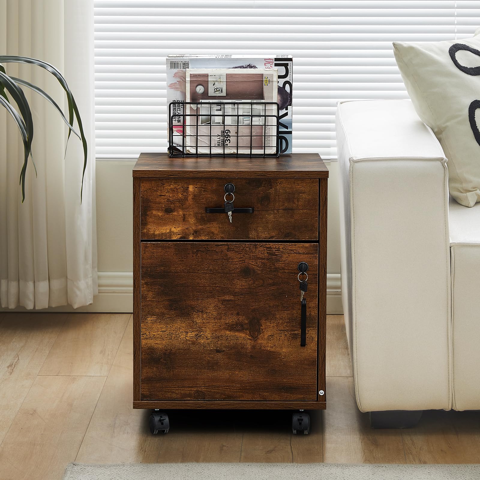 TUKAILAi Mobile File Cabinet with Lockable Drawer & Door, Under Desk Rolling Filing Cabinet with 4 Wheels, Wooden Stationery Storage Cabinet for Home Office (Rustic Brown)