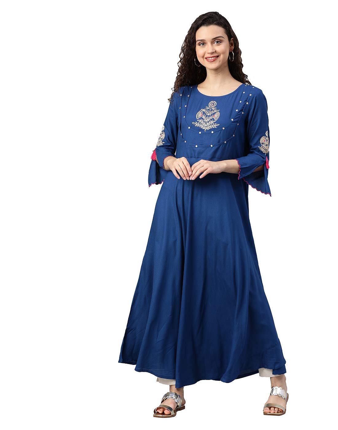 Yash Gallery Indian Rayon Embroidered Regular Kurtis for Women (Blue)
