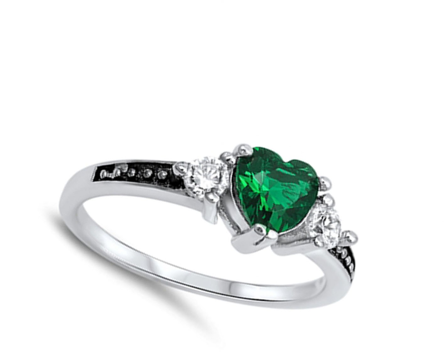 Women's Heart Simulated Emerald Polished Ring New .925 Sterling Silver Band Size 8