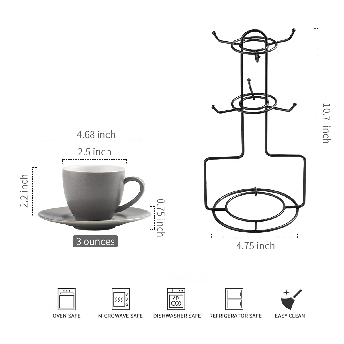 YHOSSEUN Espresso Cups with Saucers Set with Cup Holder 4 oz Cappuccino Cups Set of 6 Porcelain Espresso Cups Set and Metal Stand 3 OZ Demitasse Cup
