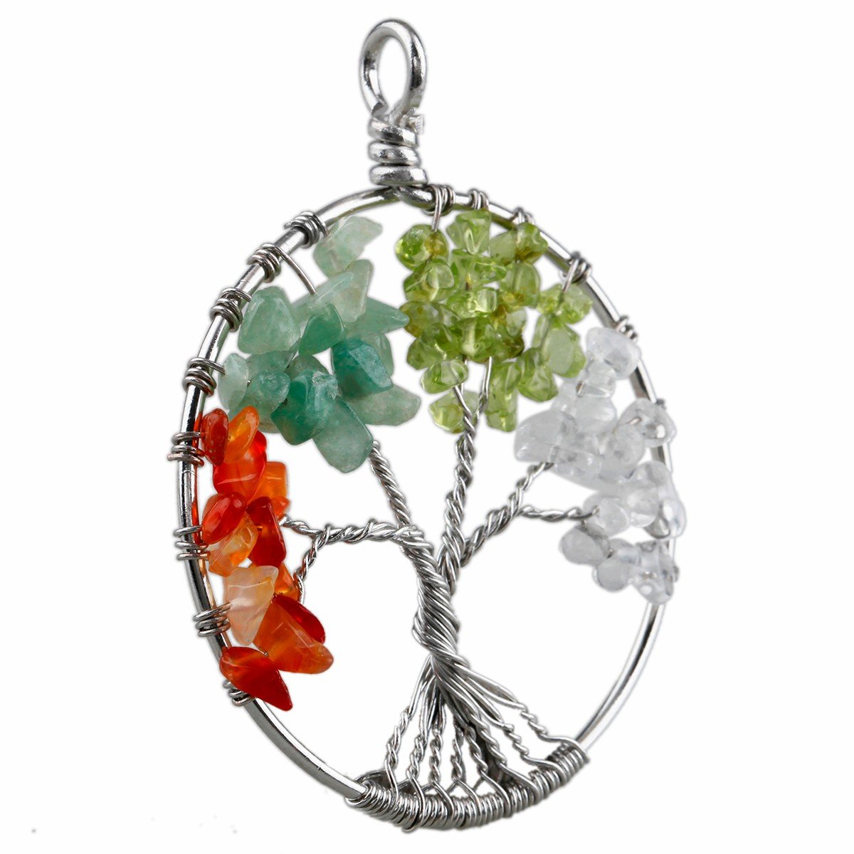 TUMBEELLUWA Tree Pendant Necklace Handmade Gemstone Chakra Alloy Jewelry for Women, Four Color Mixed Stone