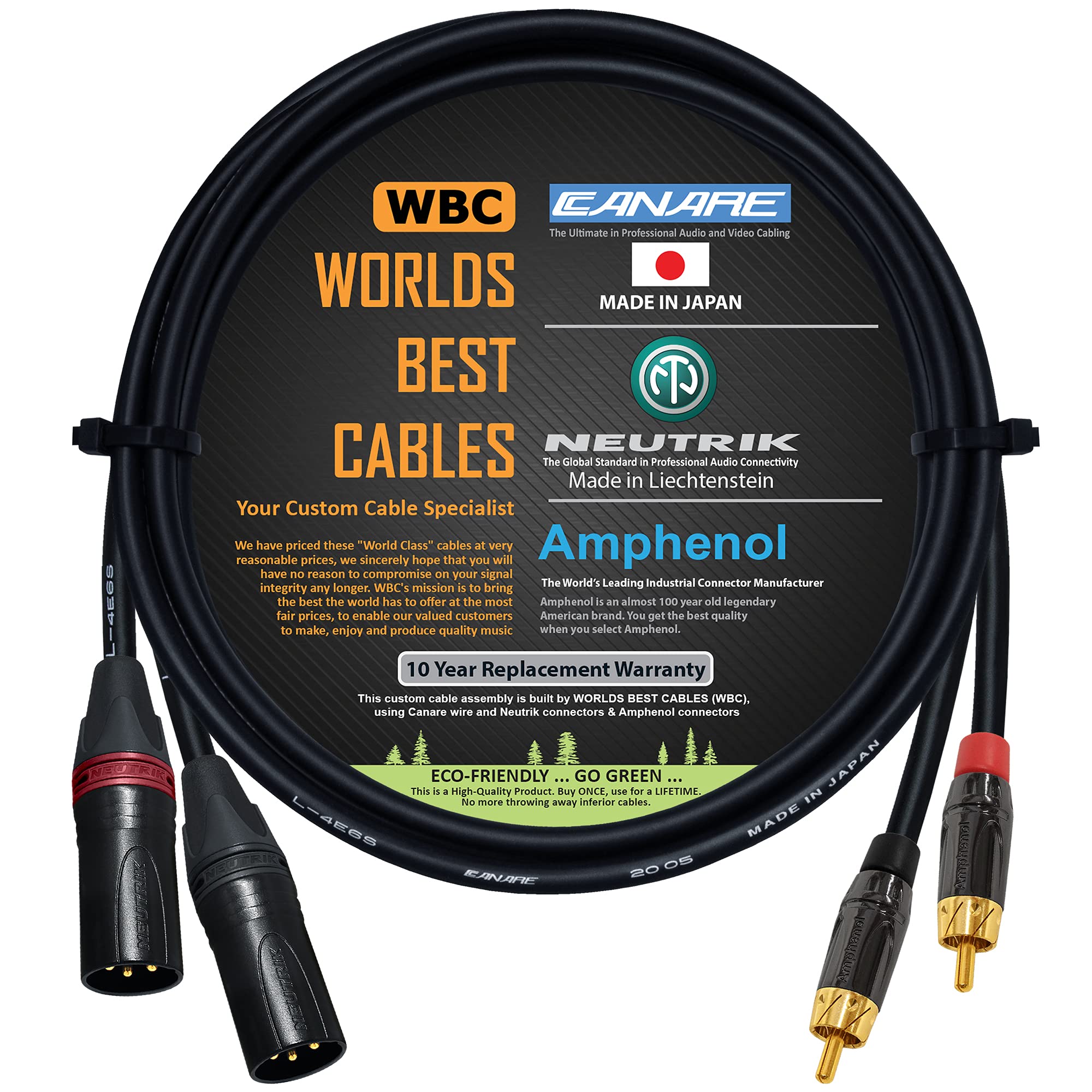 WORLDS BEST CABLES 5 Foot - RCA to XLR (Male) Cable Pair - Canare L-4E6S Star-Quad Audio Interconnect Cable & Amphenol ACPL RCA & Neutrik Male XLR Gold Plugs - CUSTOM MADE