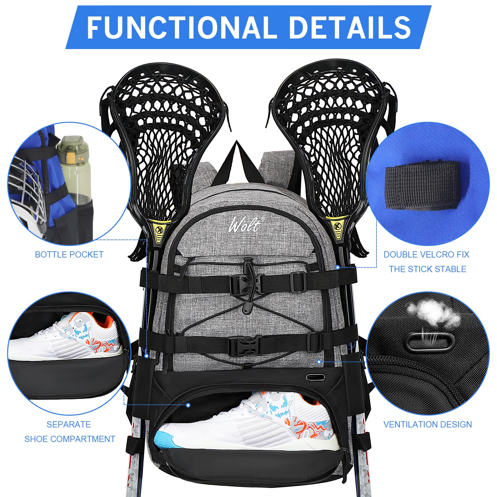 WOLT | Lacrosse Bag-Lacrosse Backpack with Two Sticks Holder-Large Field Hockey Bag Holds All Lacrosse Gears