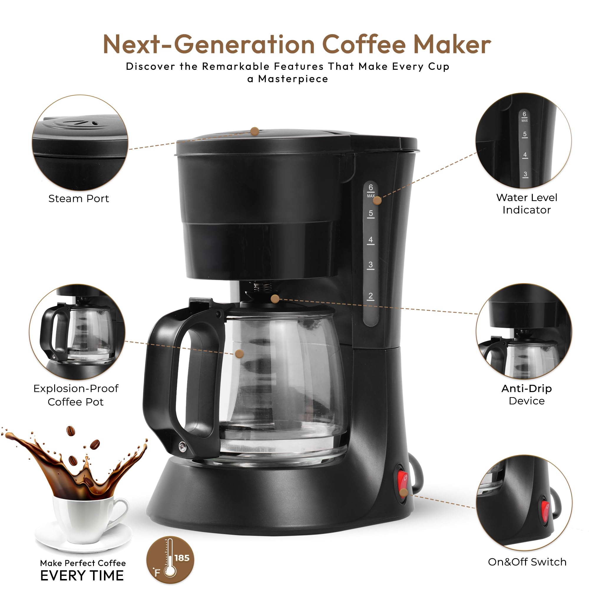 YATSKIA Electric Espresso Coffee Maker - Drip Plastic Programmable Coffee Makers with Coffee Pot, Coffee Machine for Home and Office 4-Cups, Black